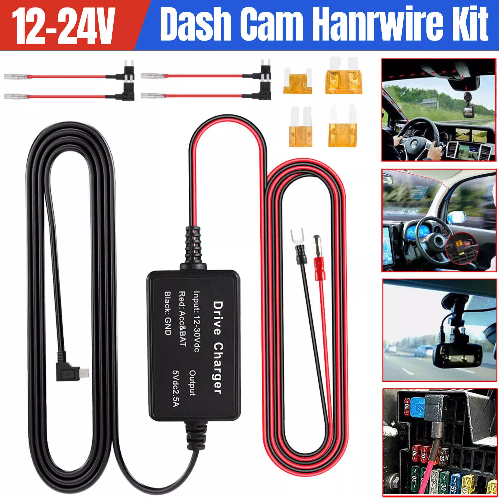 OPAL- Universal Dash Cam Hardwire Kit Mini Usb Hard Wire Cable Fuse 12 ...