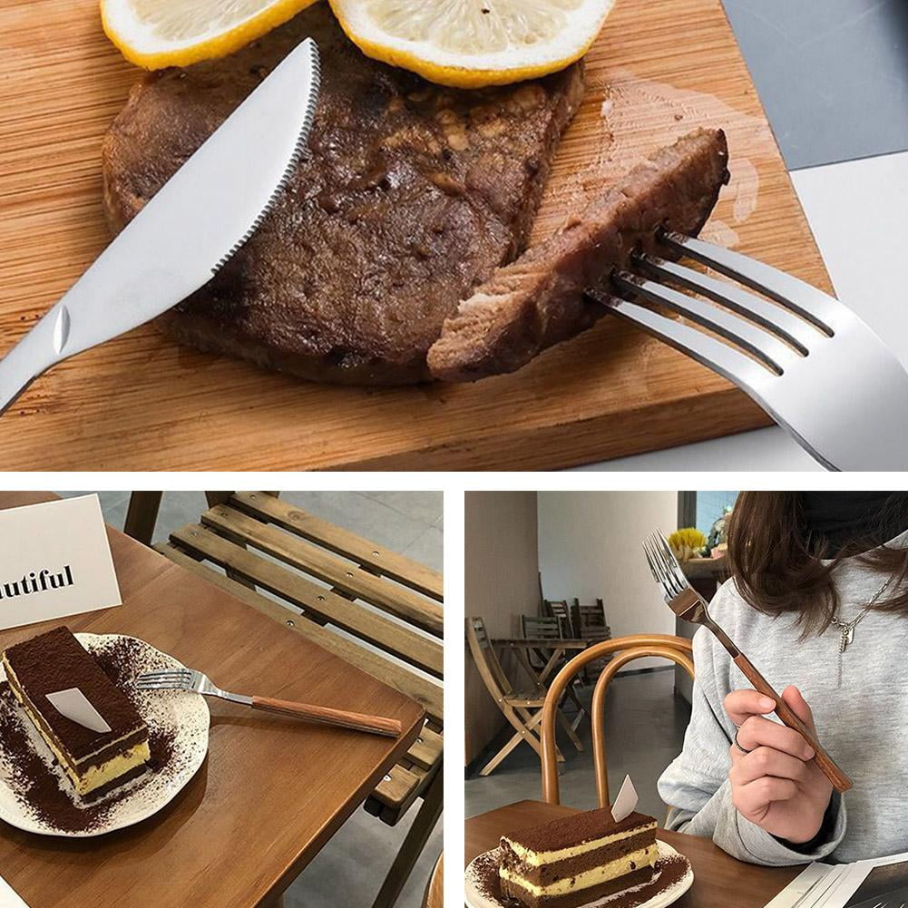 OPDBN Square Handle Wood Grain Main Fork Retro Creative Wooden Handle Stainless Steel Steak ...