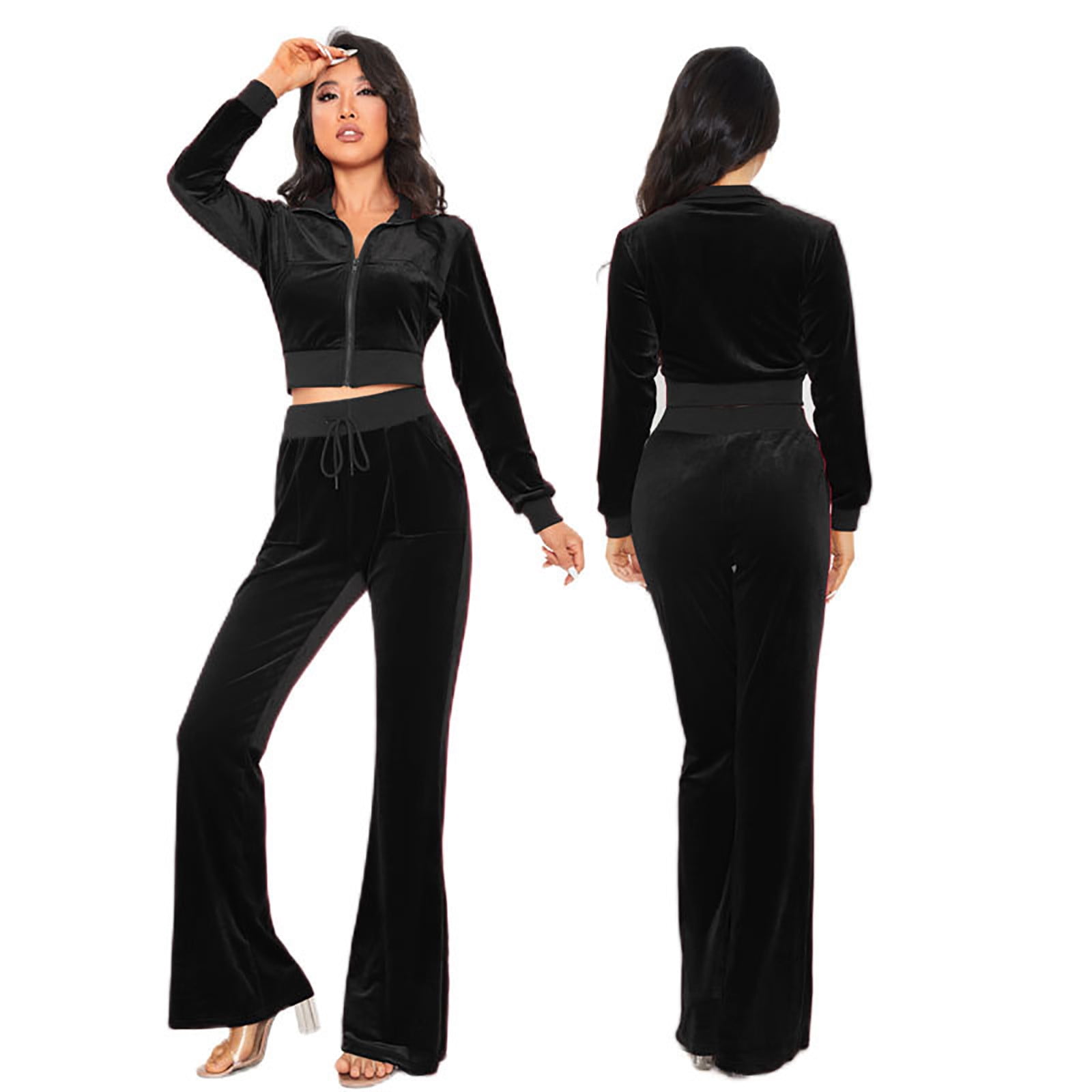 Ophpy Velour Sweatsuits For Women Full Zip Up Crop Tops And High