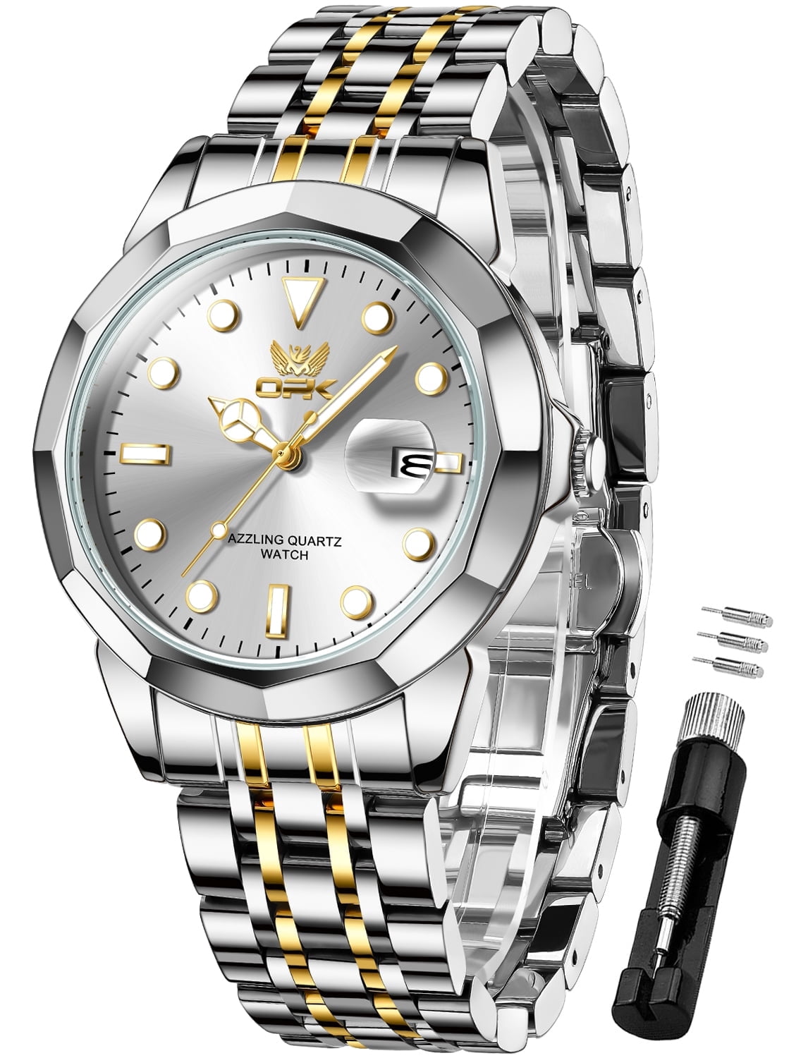 OPK Men Stainless Steel Watch, Waterproof Quartz Reloj, Luminous Hands ...