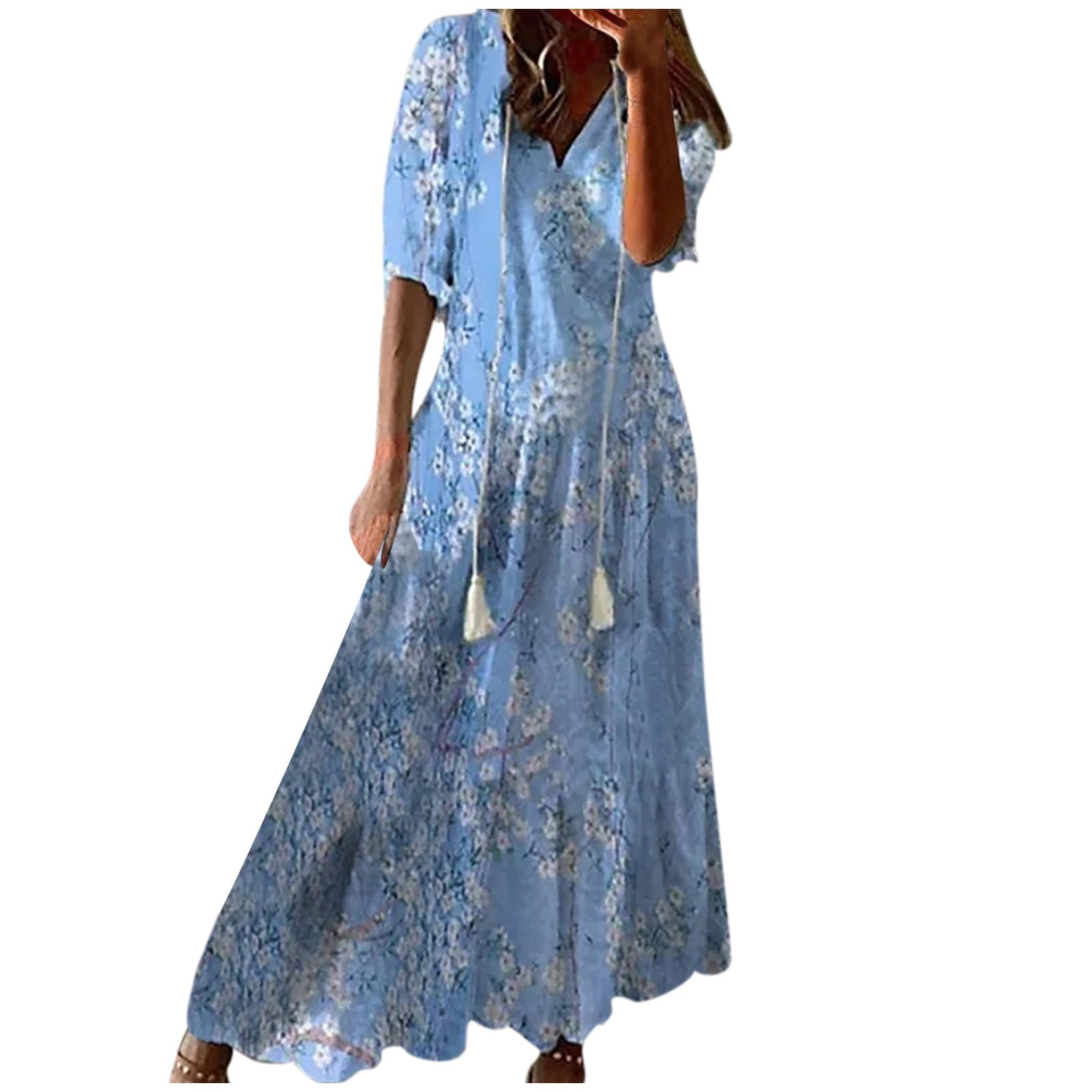 OPK73a Ruffles Maxi Dresses for Women, Womens Summer Boho Floral V Neck ...