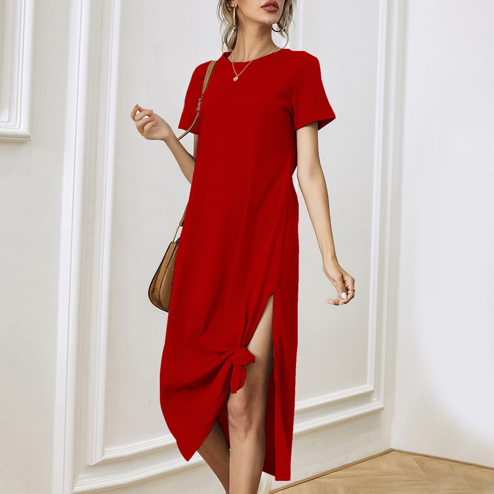 OPK73a Womens Casual T-Shirt Midi Dress Short Sleeve Summer High Splits ...
