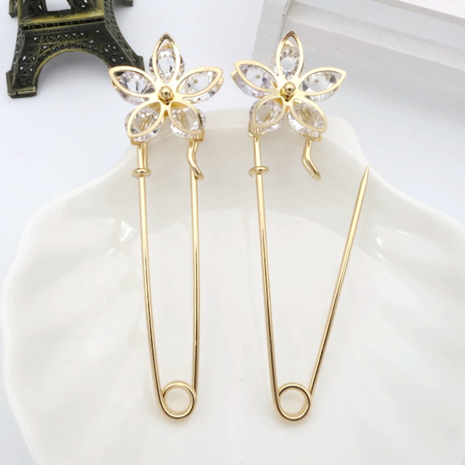 OPLSKI Shining Rhinestone Faux Pearls Safety Pin Flower Shape Anti ...