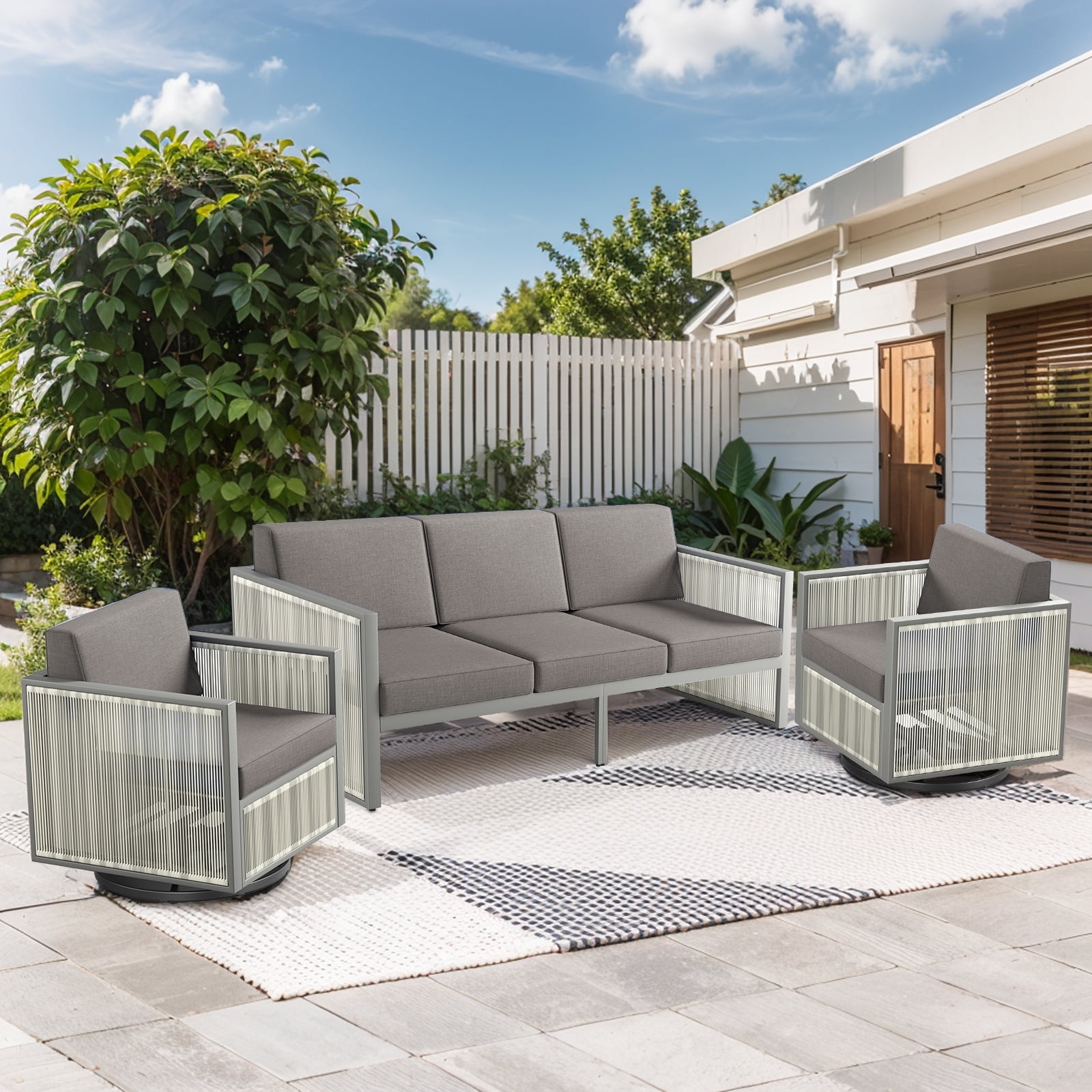 OPOHORO 3 Pieces Patio Furniture Set - All-Weather Light Gray Wicker Outdoor Patio Sofa with ...