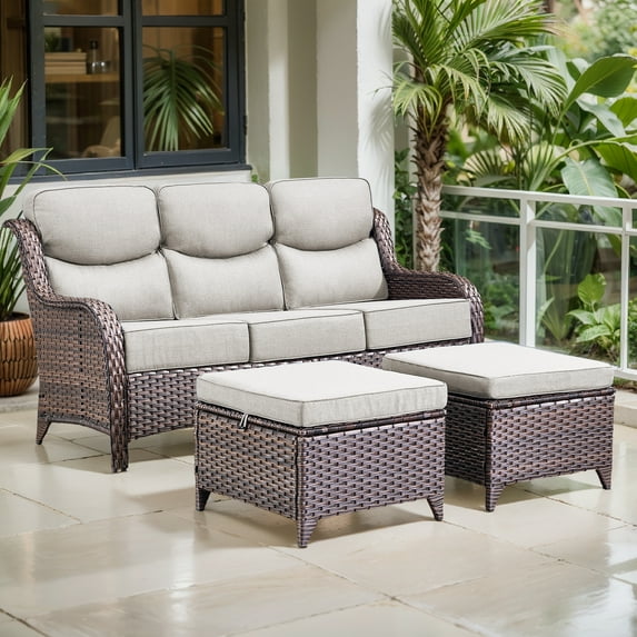 Opohoro 3 Pieces Weather Resistant Rattan Outdoor Patio Sofa with 2 ...