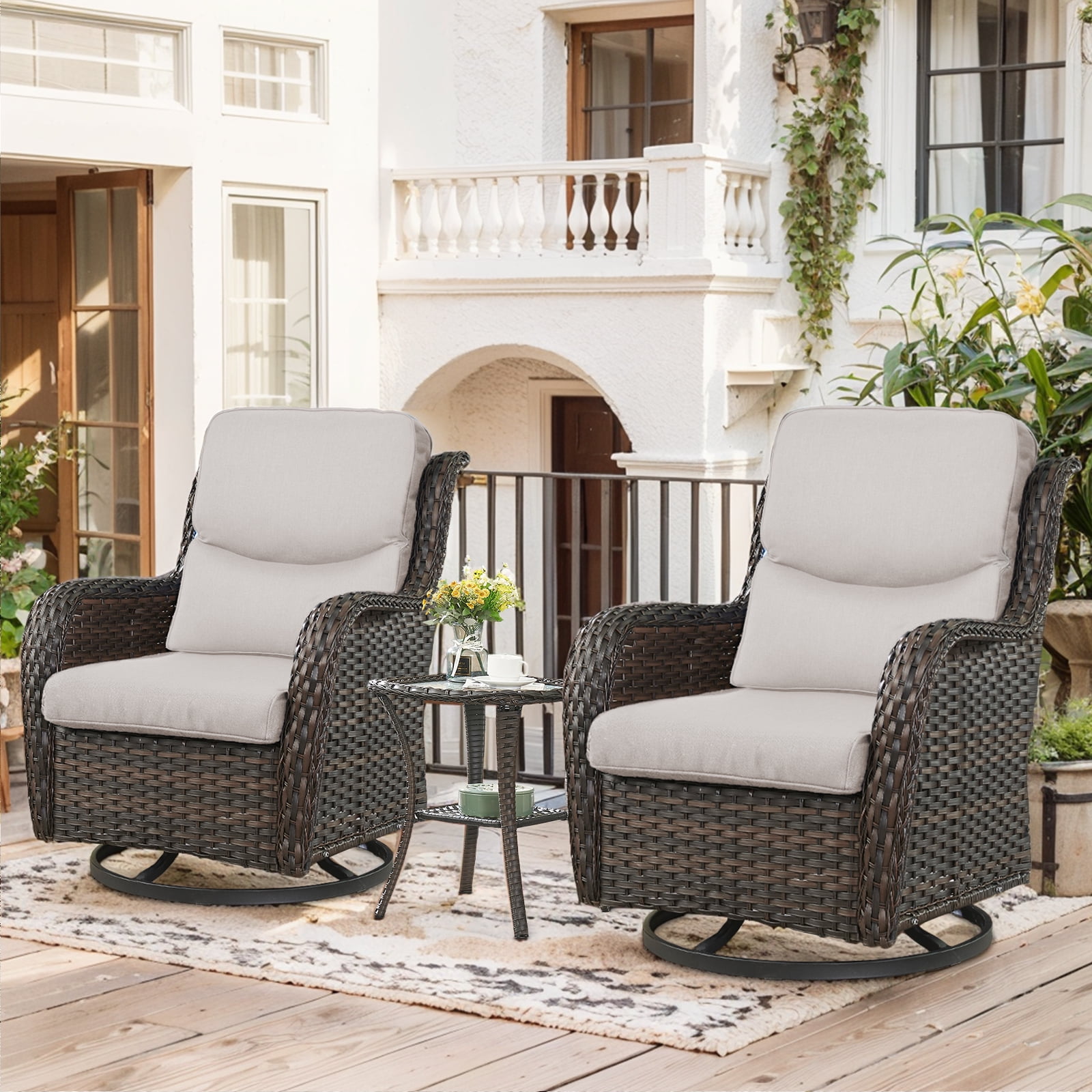 OPOHORO 3PCS Outdoor Swivel Chair Set with 2-Tier Side Table, All ...