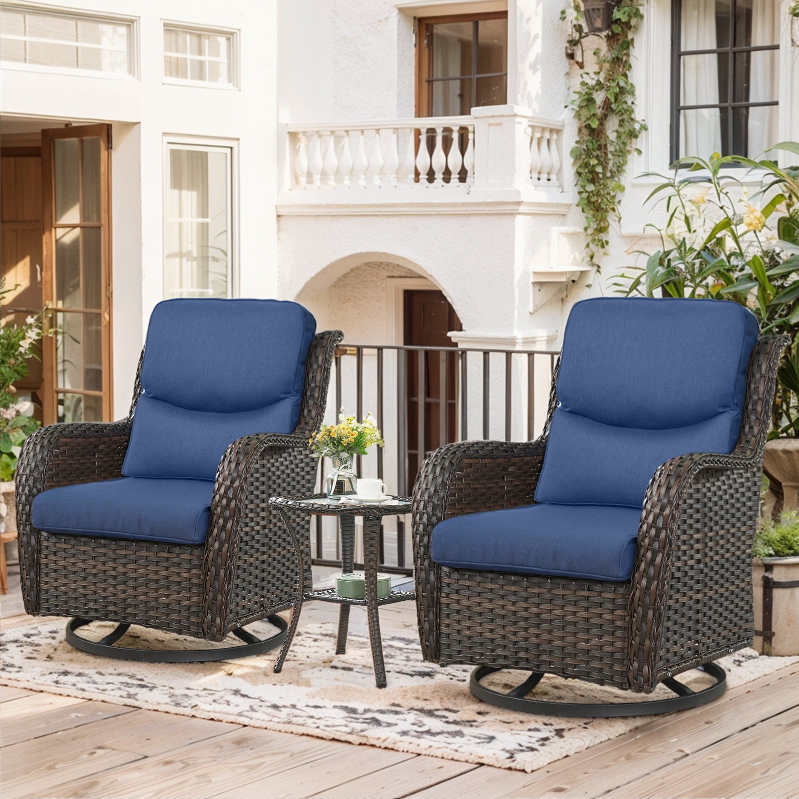 OPOHORO 3PCS Outdoor Swivel Chair Set with 2-Tier Side Table, All ...