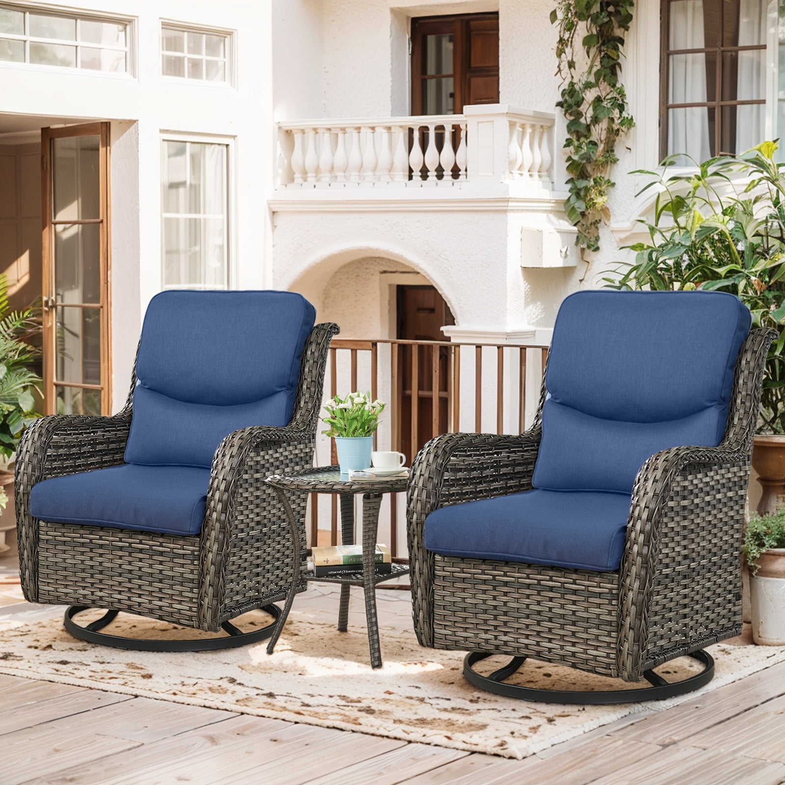 OPOHORO 3PCS Outdoor Swivel Chair Set with 2-Tier Side Table, All ...