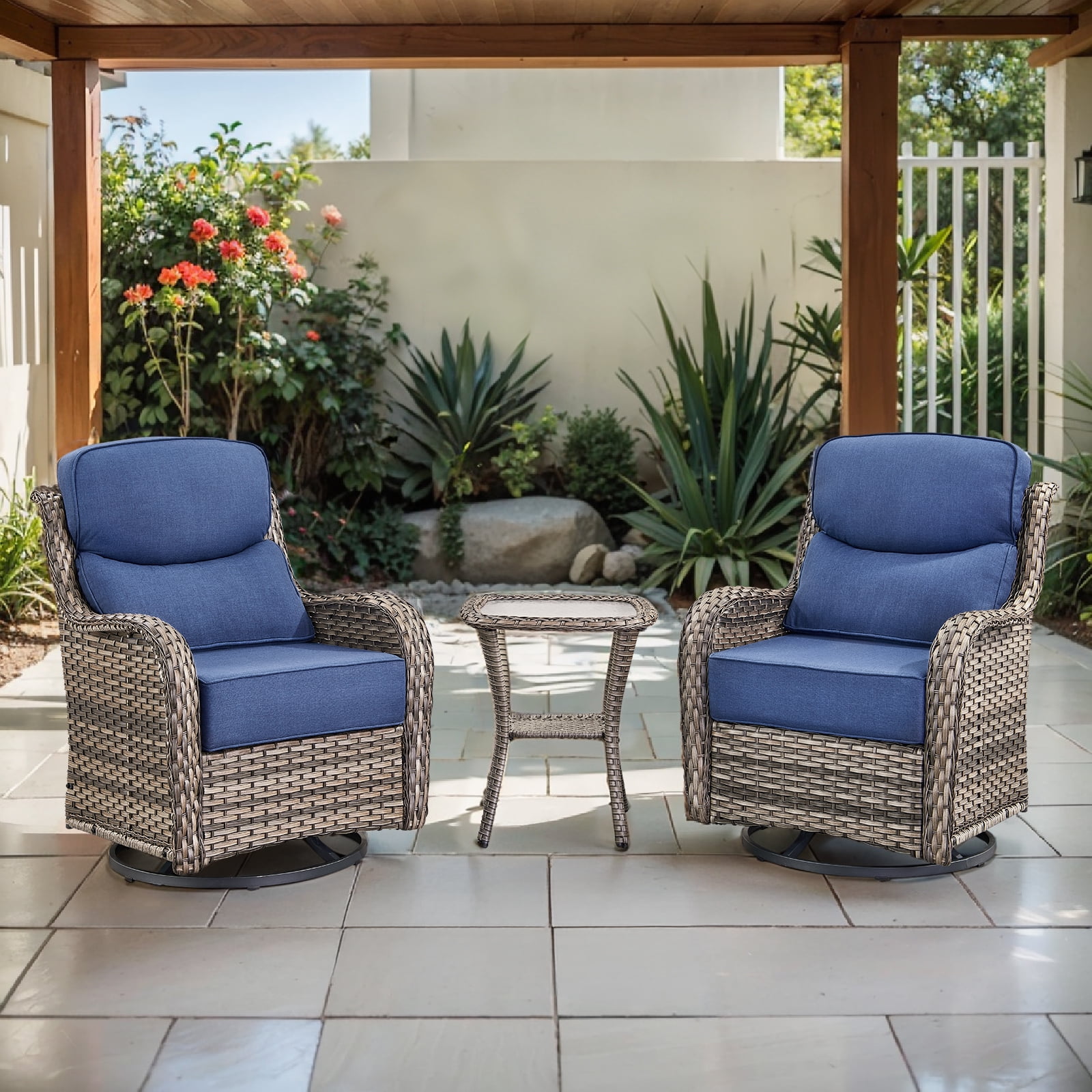 OPOHORO 3PCS Outdoor Swivel Chair Set with Side Table, 6-Inch Thick ...