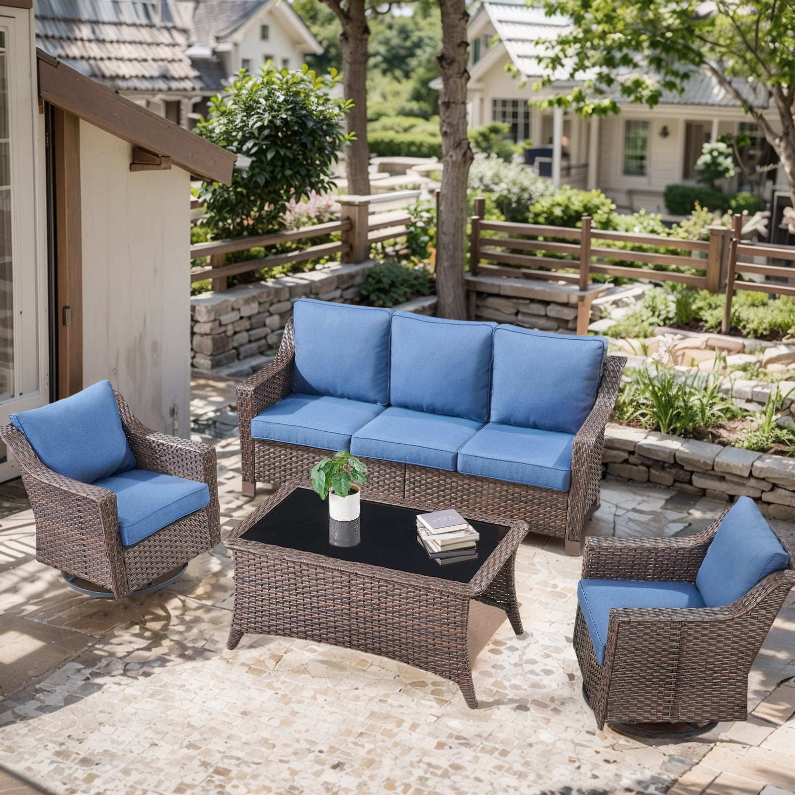 OPOHORO 4-Piece Patio Furniture Set, Brown Wicker Patio Couch, Swivel ...