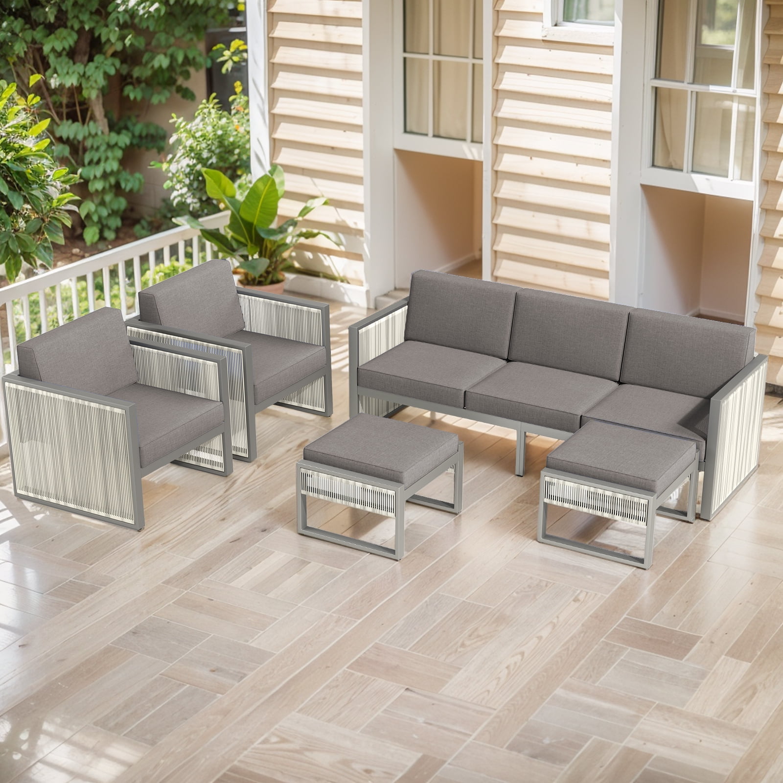 OPOHORO 5 Pieces Patio Furniture Set - All-Weather Light Gray Wicker ...