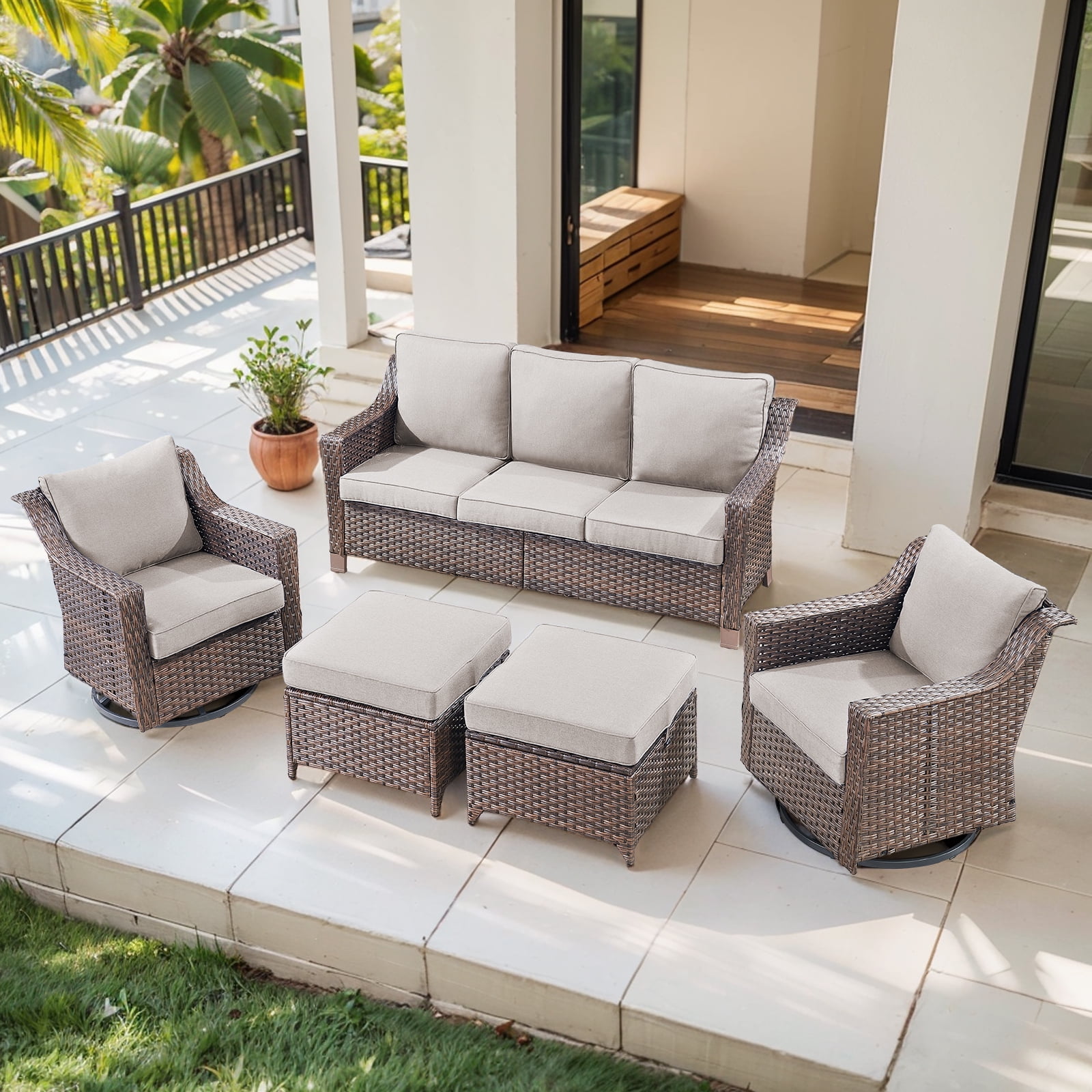 OPOHORO 5 Pieces Patio Furniture Set, Brown Wicker Rattan Outdoor ...