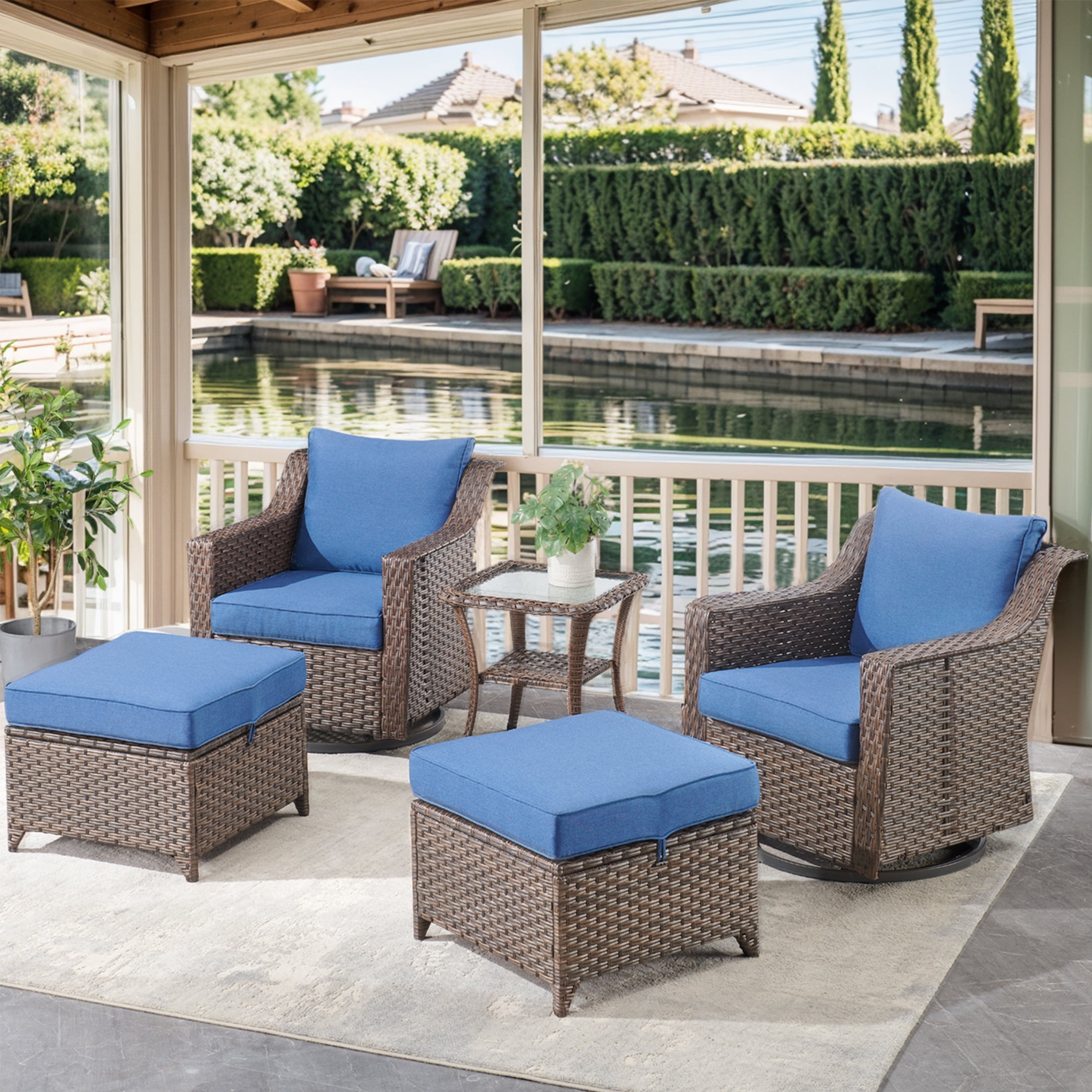 OPOHORO 5 Pieces Patio Furniture Set, Brown Wicker Rattan Outdoor ...