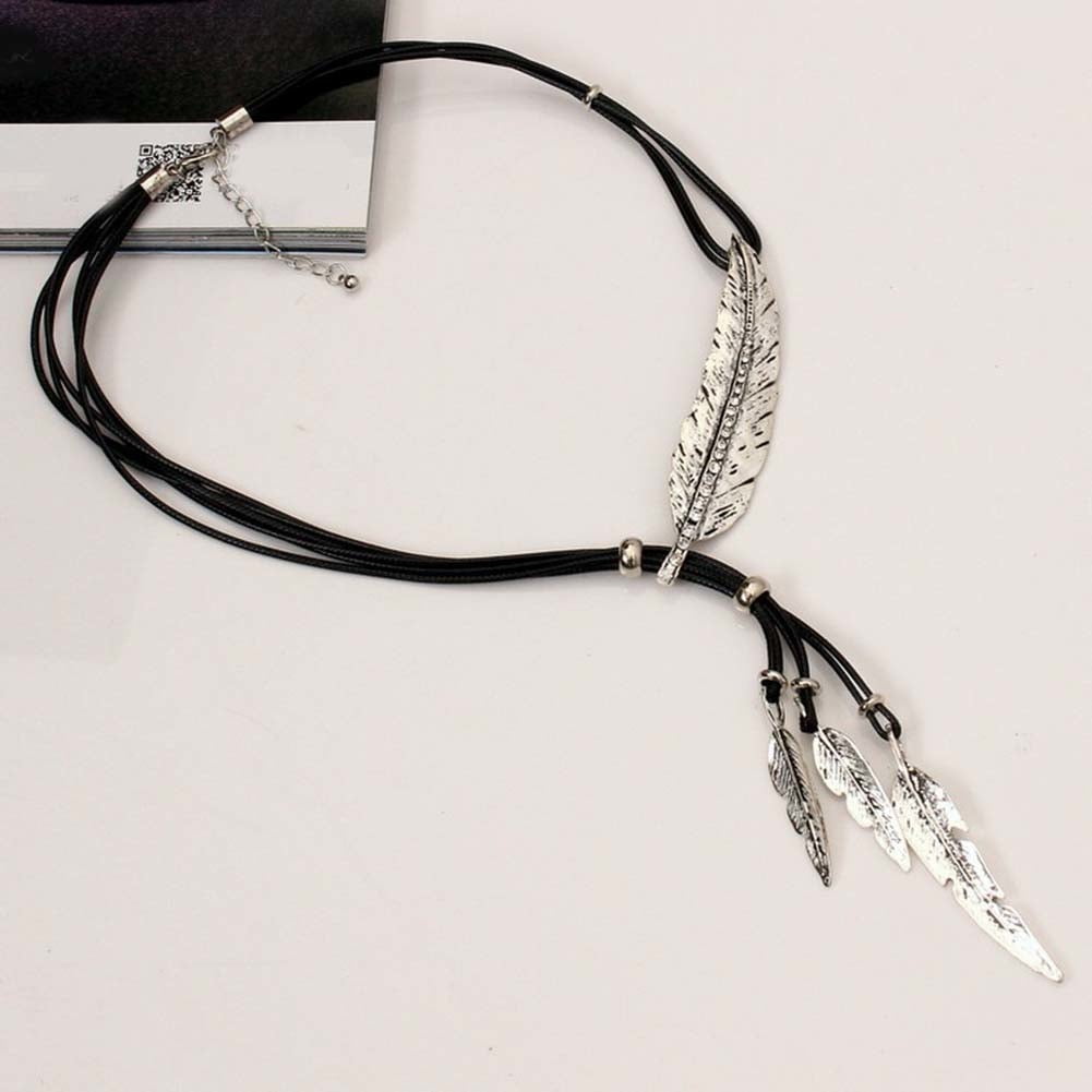 OPOLSKI Bohemian Rhinestone Feather Pendant Faux Leather Rope Necklace ...