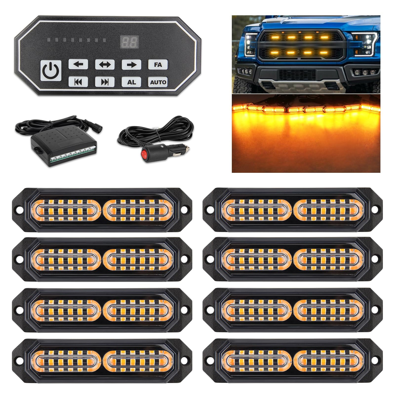 OPP ULITE Led Grille Strobe Lights Amber 9 Key Switch 20-Flashing Mode, Surface Mount 12-LED ...