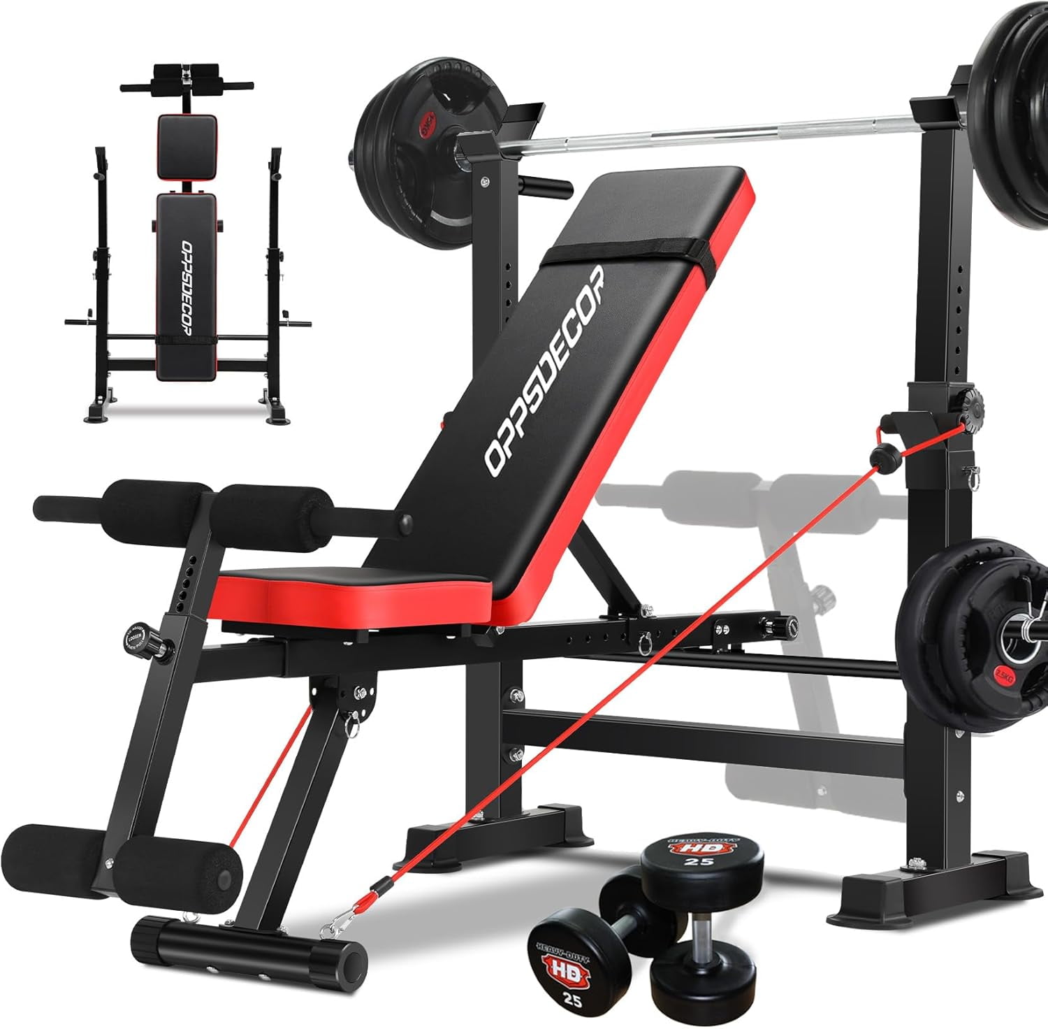 OPPSDECOR 600LBS 6 in 1 Weight Bench Set, Adjustable Bench Press Set and Squat Rack, Foldable ...