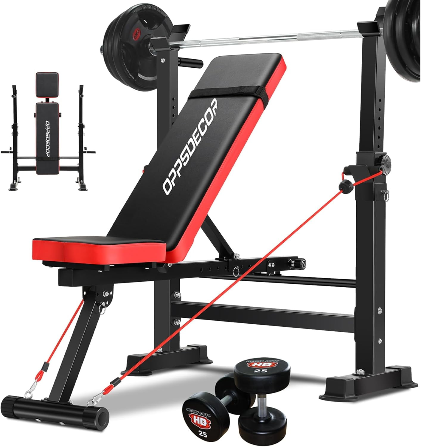 OPPSDECOR 600LBS 6 in 1 Weight Bench Set, Adjustable Bench Press Set and Squat Rack, Foldable ...