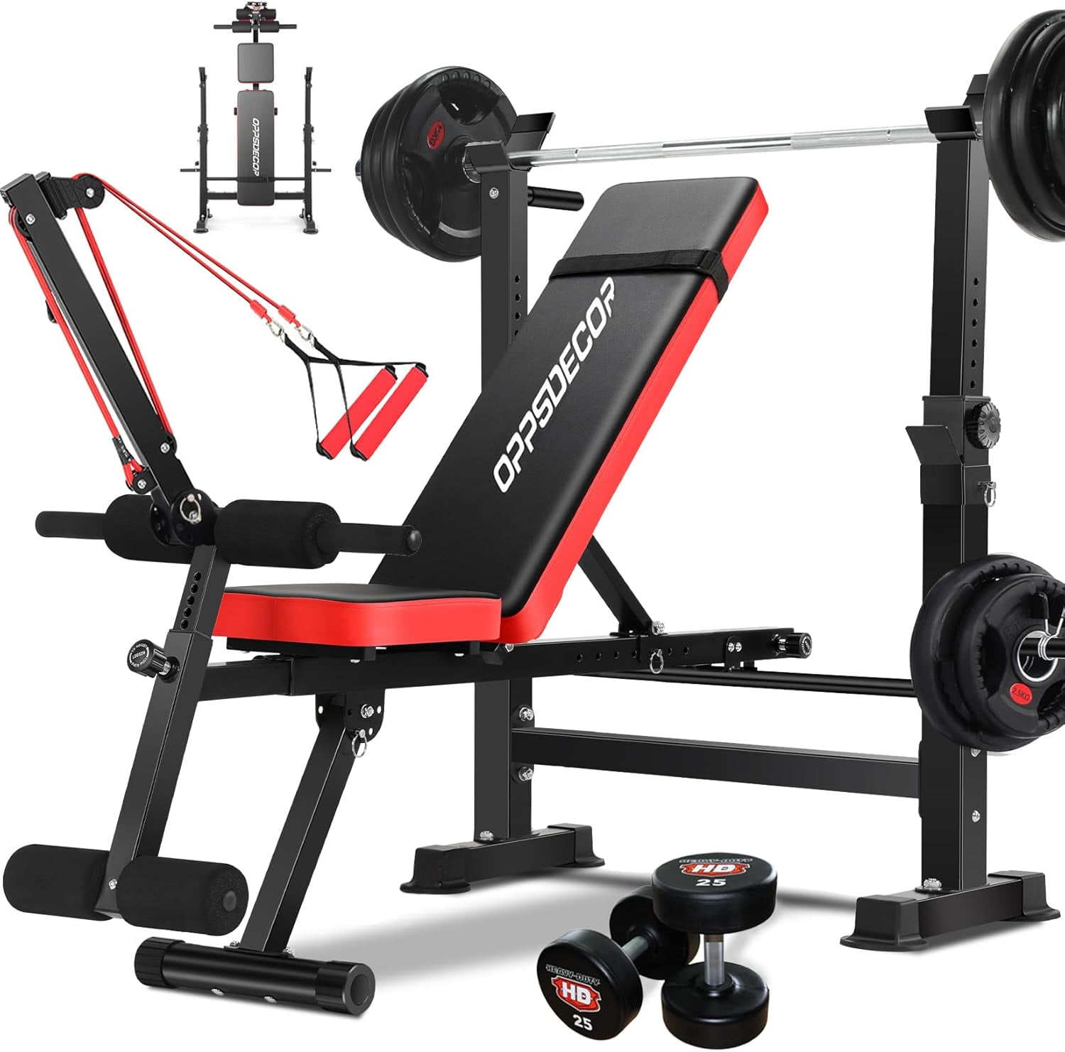 OPPSDECOR 600LBS 6 in 1 Weight Bench Set, Adjustable Bench Press Set and Squat Rack, Foldable ...