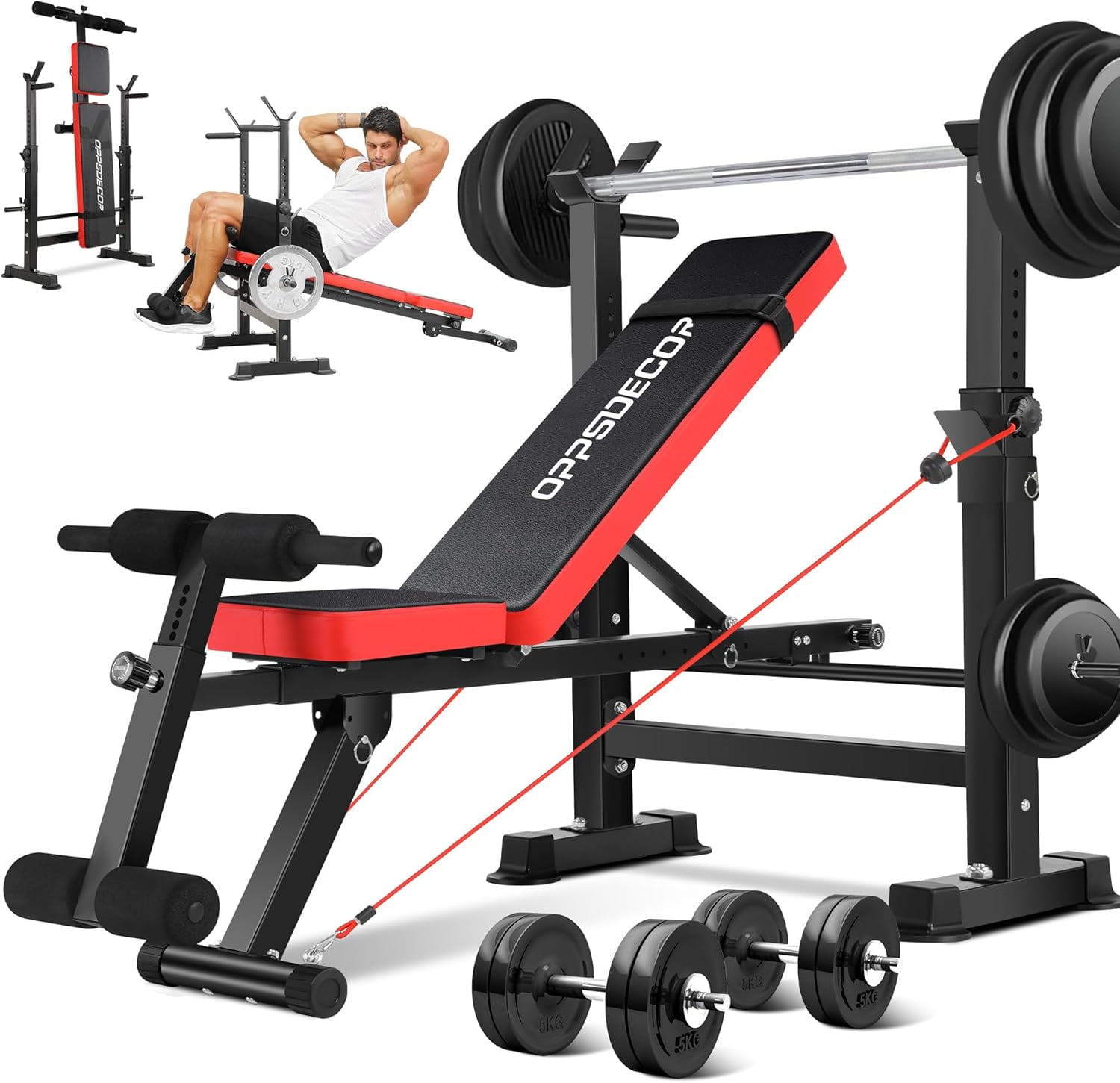 OPPSDECOR 600lbs 6 in 1 Weight Bench Set with Squat Rack Foldable Bench Press with Removable ...