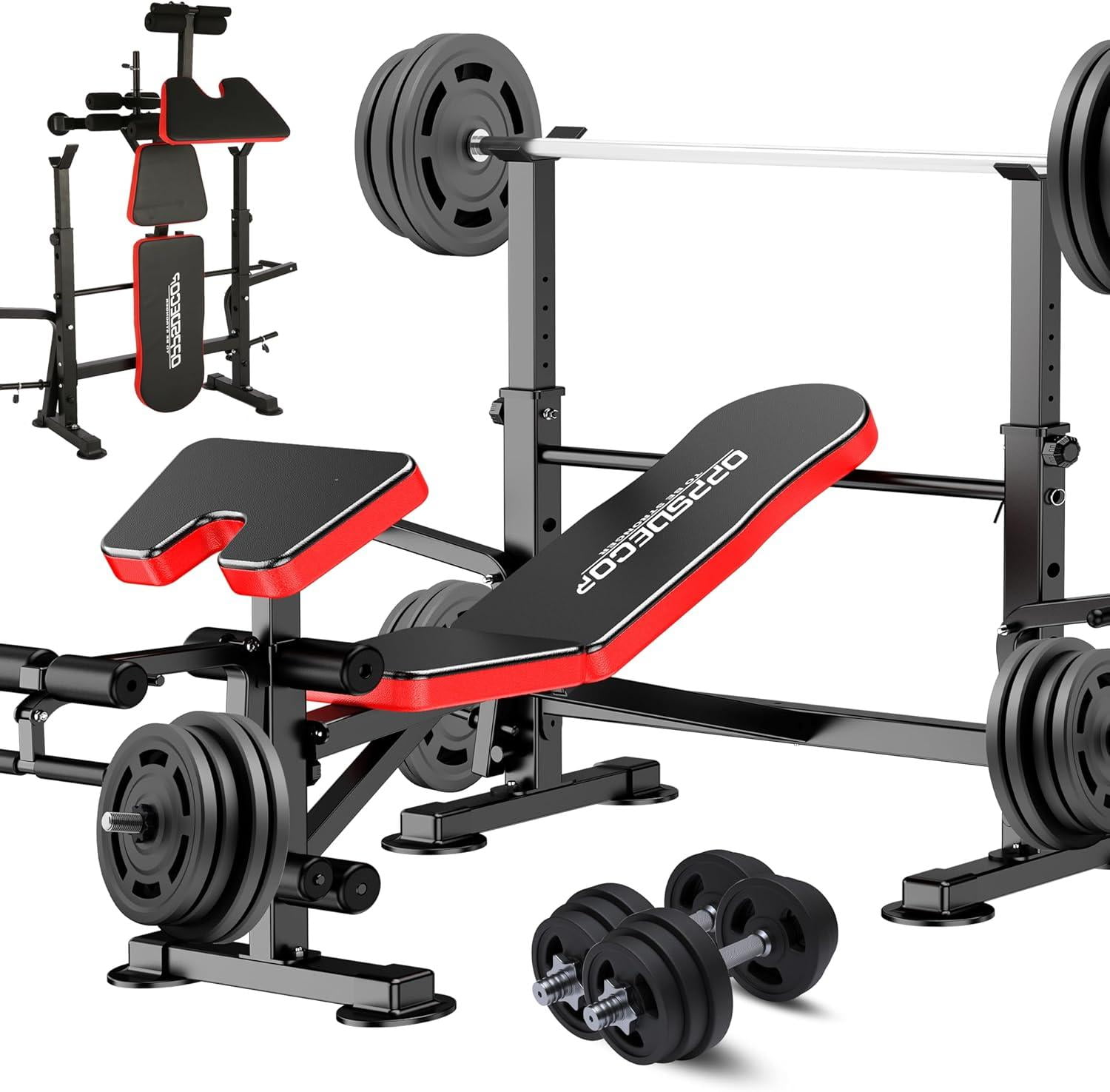 OPPSDECOR 660lbs 6 in 1 Weight Bench Set with Squat Rack Adjustable Workout Bench with Leg ...