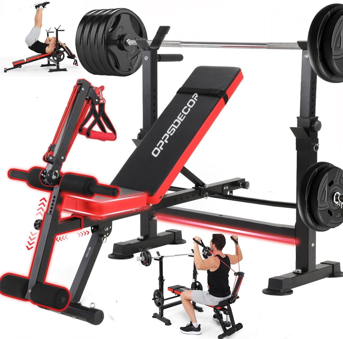 OPPSDECOR 8-in-1 Foldable Weight Bench Set with Squat Rack, Adjustable ...