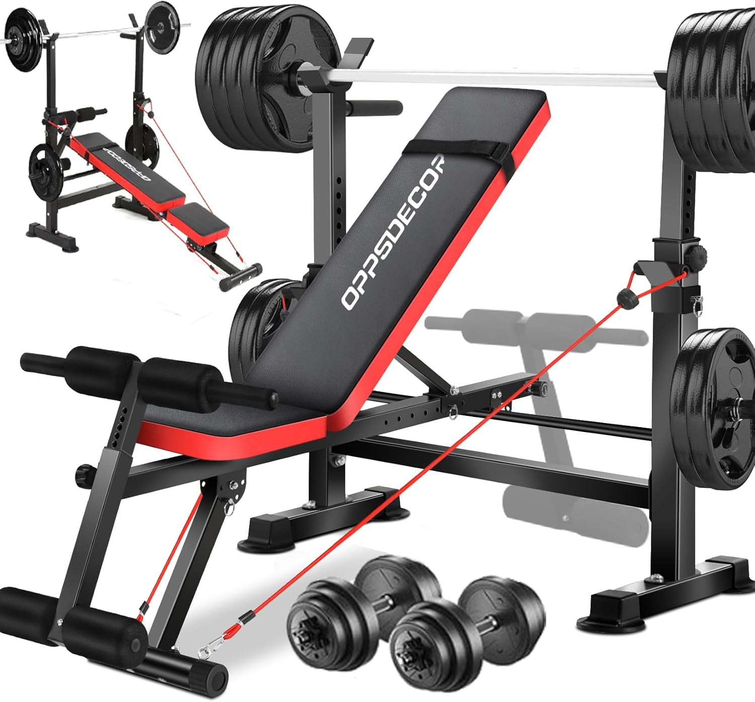 OPPSDECOR 8-in-1 Foldable Weight Bench Set with Squat Rack, Adjustable ...