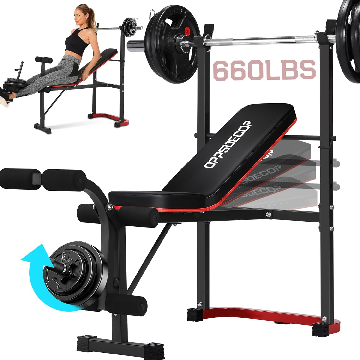 OPPSDECOR Standard Weight Bench Set for Leg Extension and Leg Curl, Adjustable Bench Press Squat ...