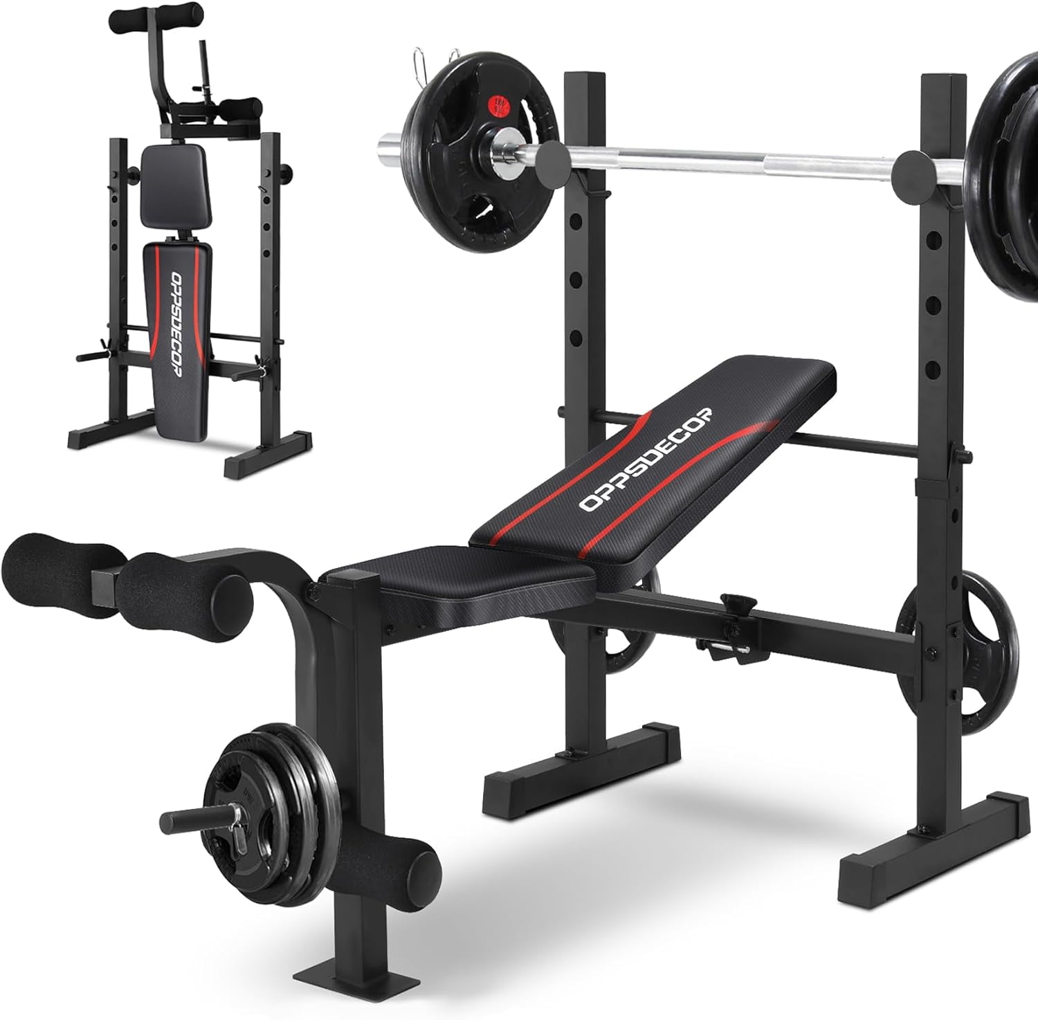 OPPSDECOR Standard Weight Bench Set with Squat Rack, Adjustable Bench Press Set with Leg ...