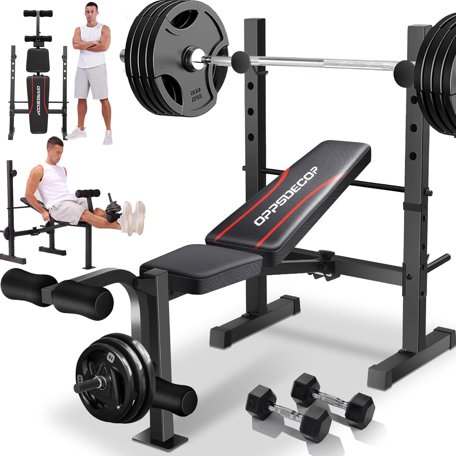 OPPSDECOR Weight Bench, 600LBS Adjustable Bench Press with Squat Rack ...