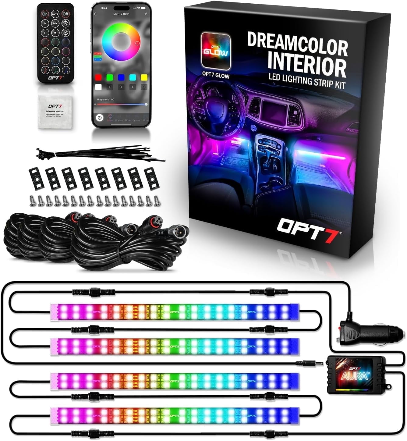 OPT7 Aura DreamColor Interior Light Strips, 4PC Double RGB-IC LED Color ...