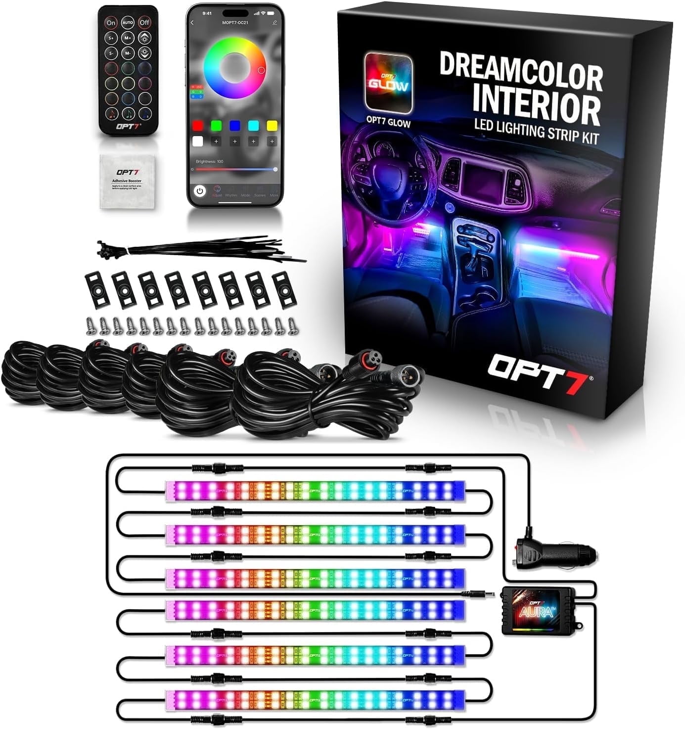 OPT7 Aura DreamColor RGB-IC Car Interior Ambient Light, 6PC Double Row ...