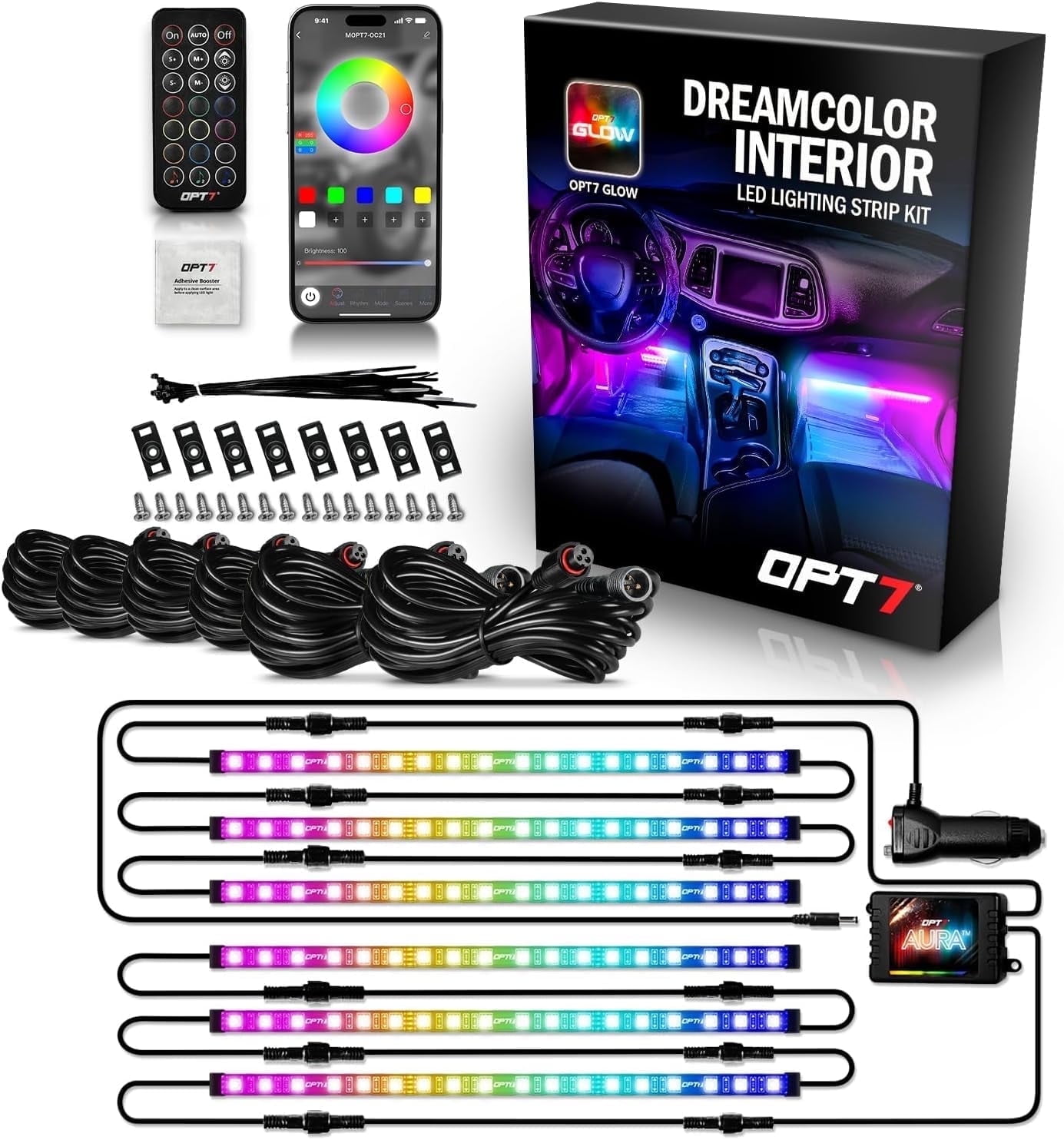 OPT7 Aura DreamColor RGB-IC Car Interior Ambient Light, 6PC Single Row ...