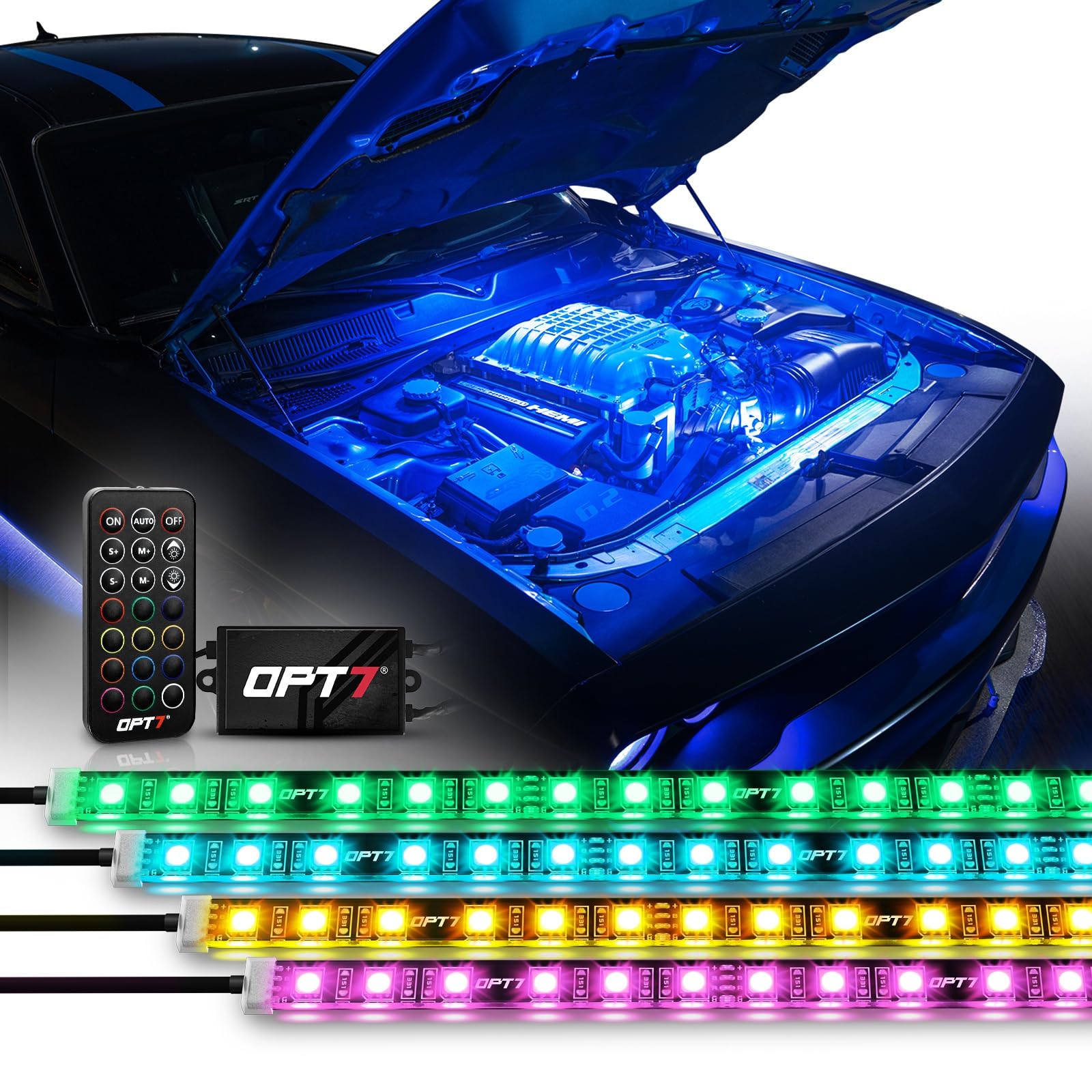 OPT7 Aura Engine Bay YPF5 RGB LED Lighting Kit with Remote Control, 4 ...