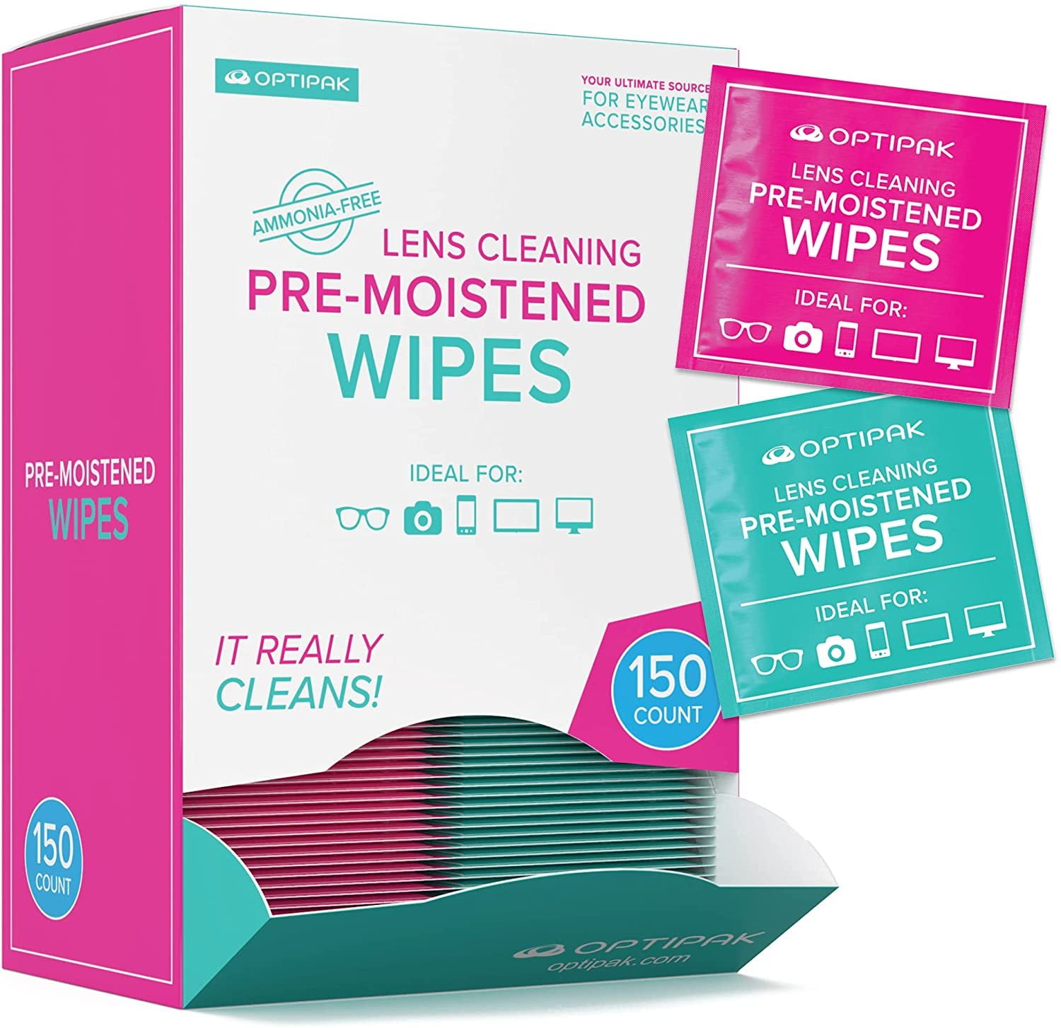 OPTIPAK Lens Wipes - Eye Glasses Wipes - Eyeglass Cleaner Wipes 150 ...