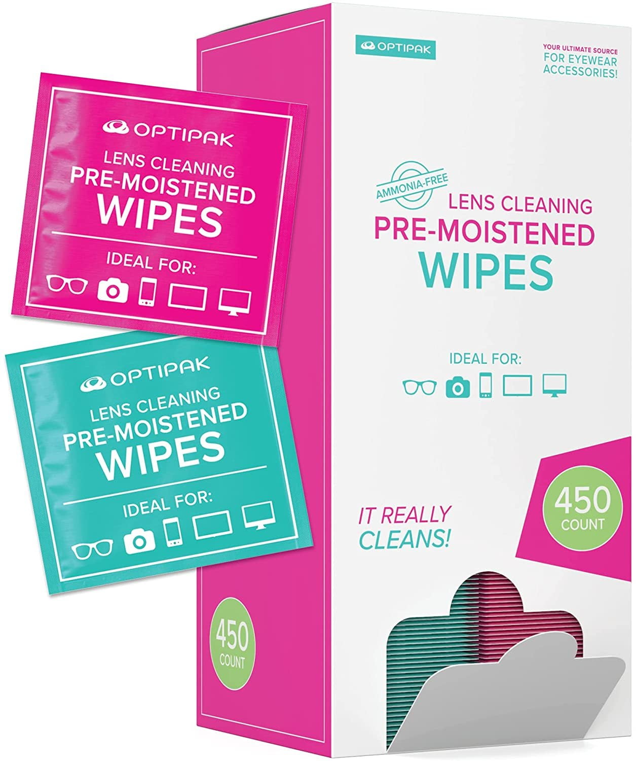 OPTIPAK Lens Wipes - Eye Glasses Wipes - Eyeglass Cleaner Wipes 450 ...