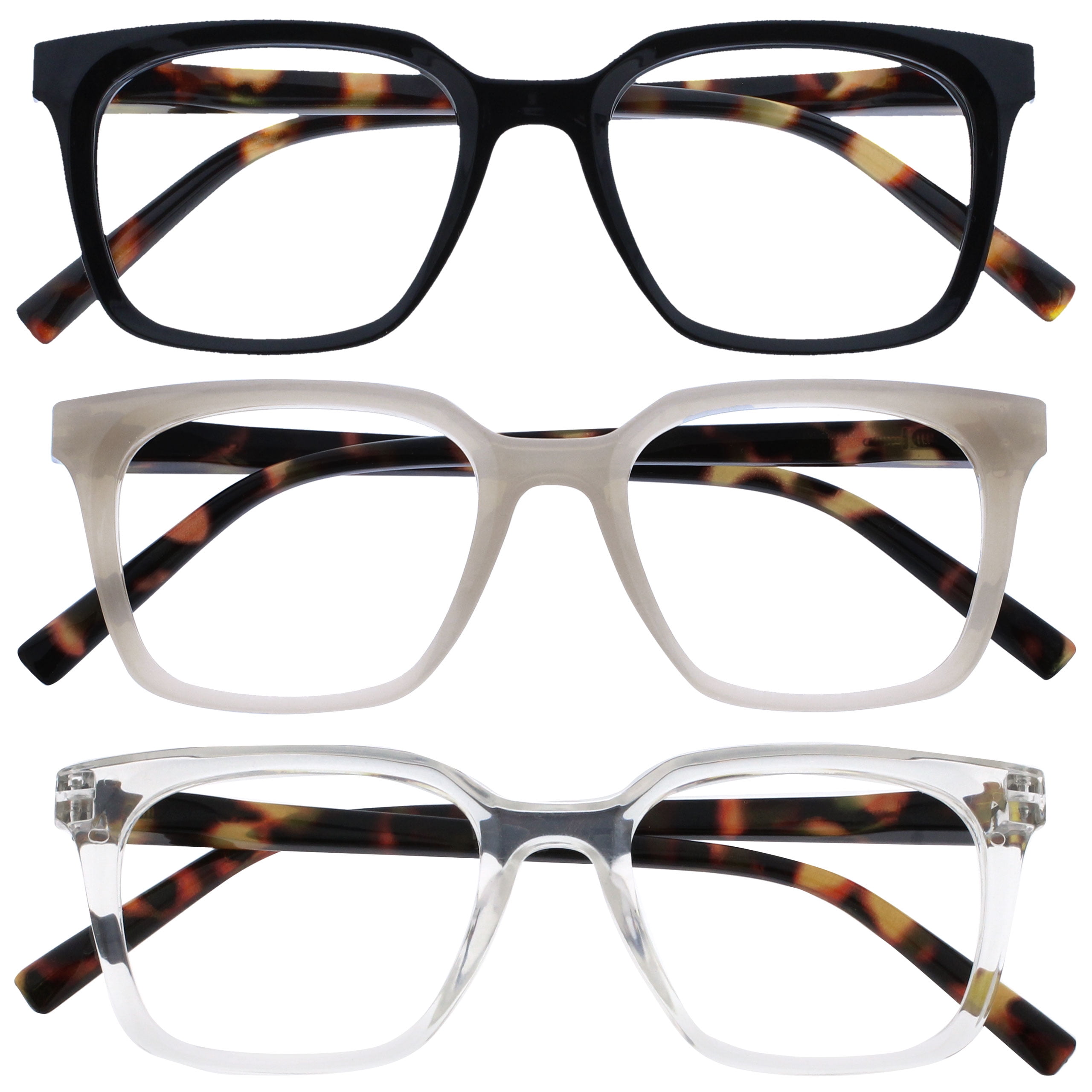 OPULIZE KOI Reading Glasses 3 Pack - Large Rectangular Frame - Black-Gray-Clear - Mens Womens ...