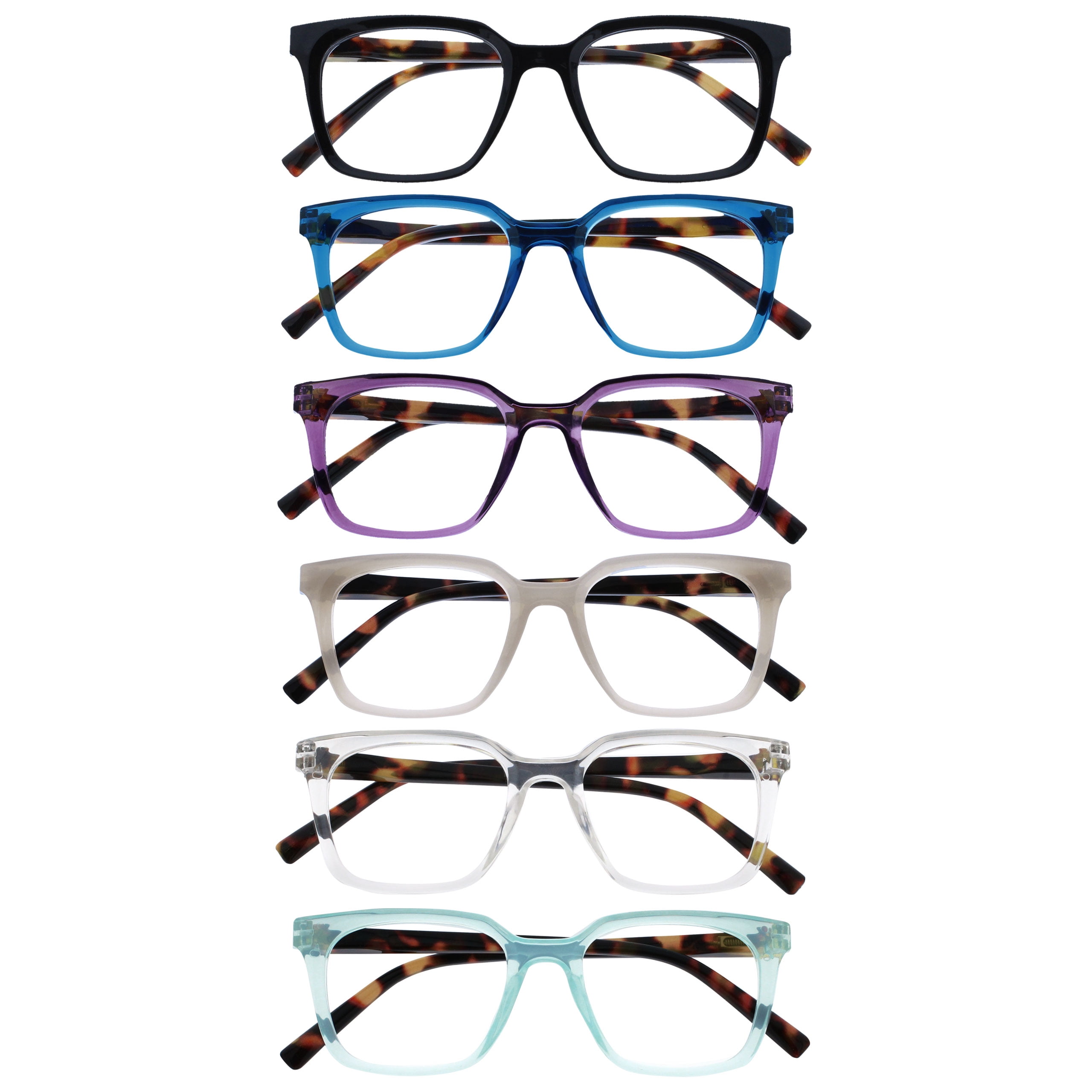 OPULIZE KOI Reading Glasses 6 Pack - Large Rectangular Frame - Black-Blue-Purple-Gray-Clear-Aqua ...