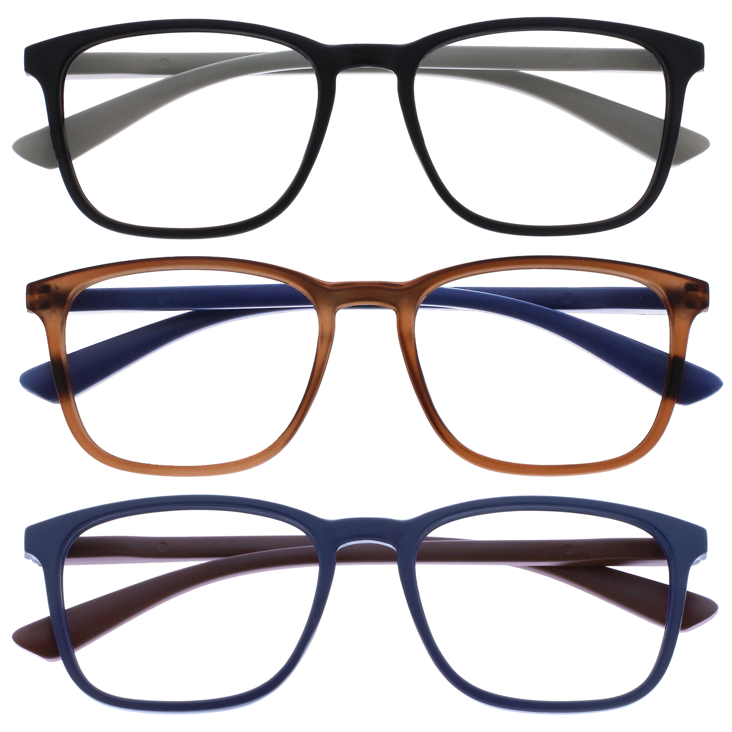 Opulize Reading Glasses 3 Pack, Large Rectangular Matte Frames, Black ...