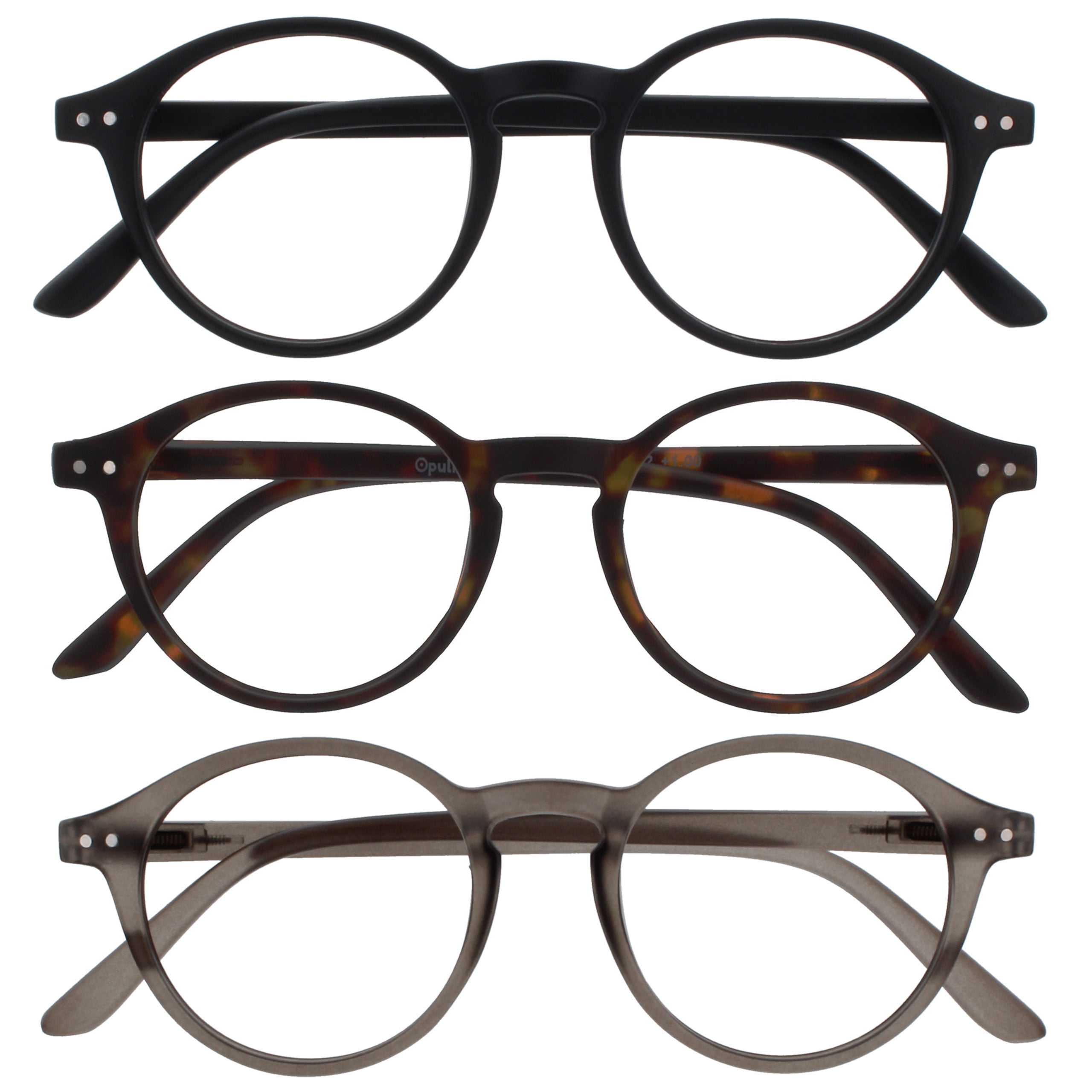 OPULIZE REY Reading Glasses - 3-Pack - Retro Round Frame - Matte Black, Brown Tortoiseshell ...