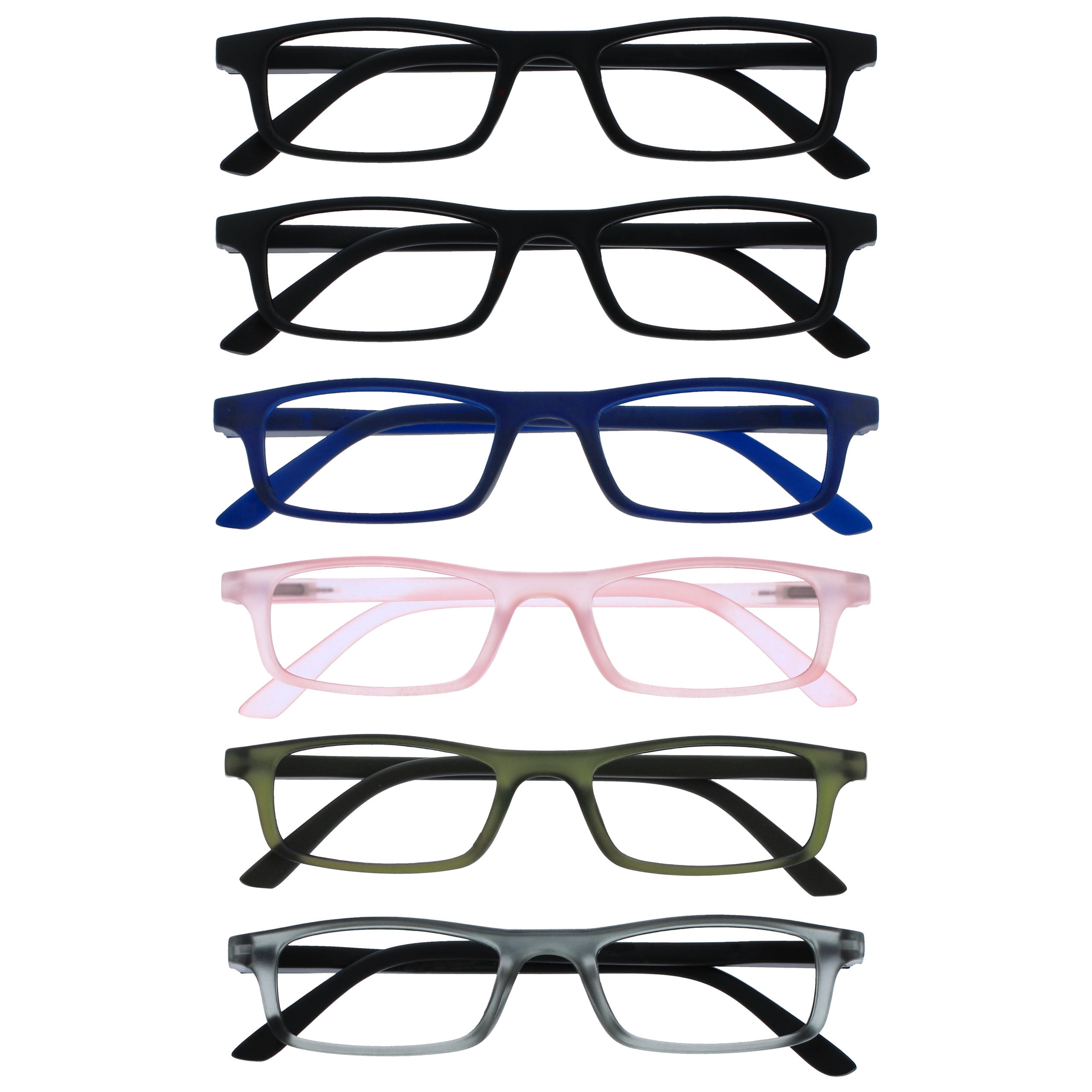 OPULIZE TED Reading Glasses - 6-Pack - Rectangular Frame - Black, Blue, Pink, Khaki, Gray - Mens ...