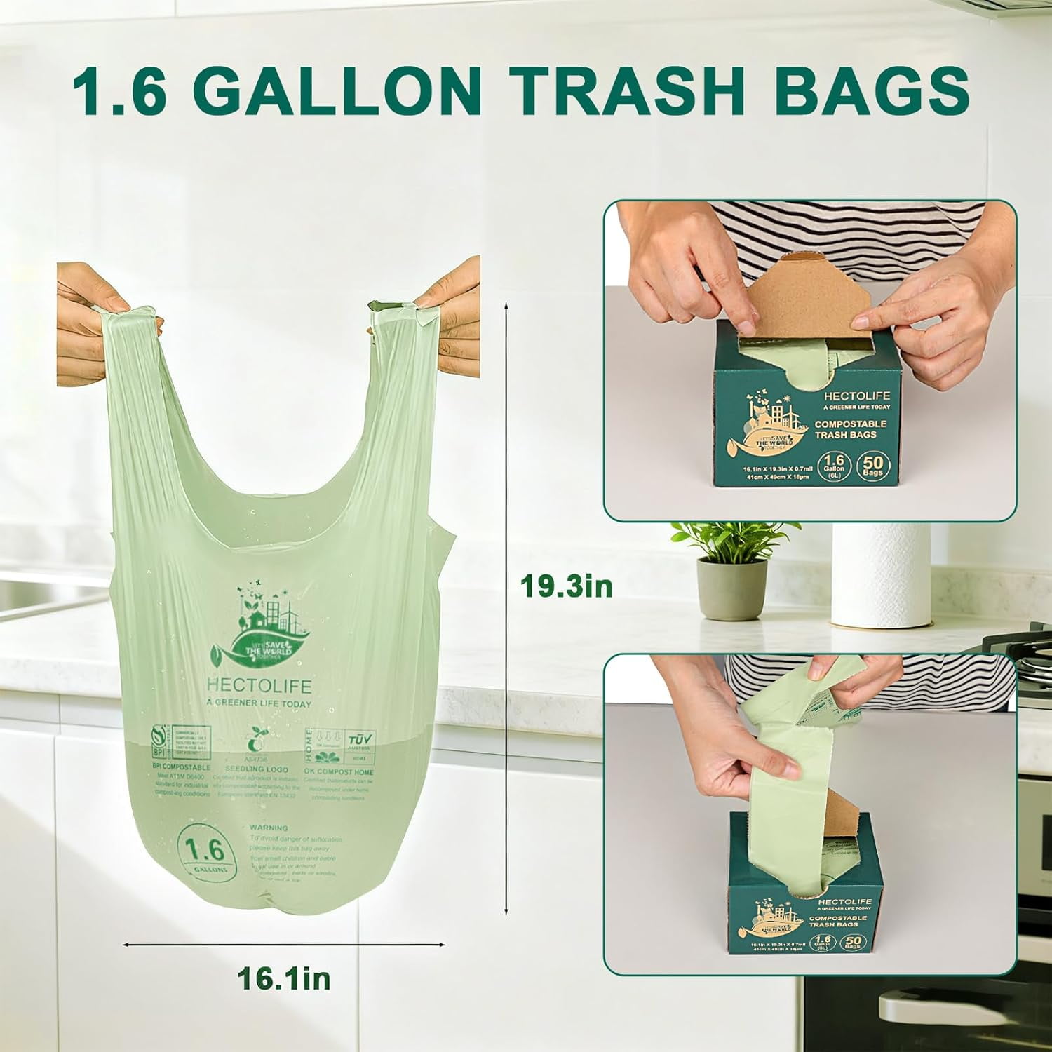 OPVM-1.6 Gallon 100 Count,Compostable Bags Handle Tie,Tear Resistant ...
