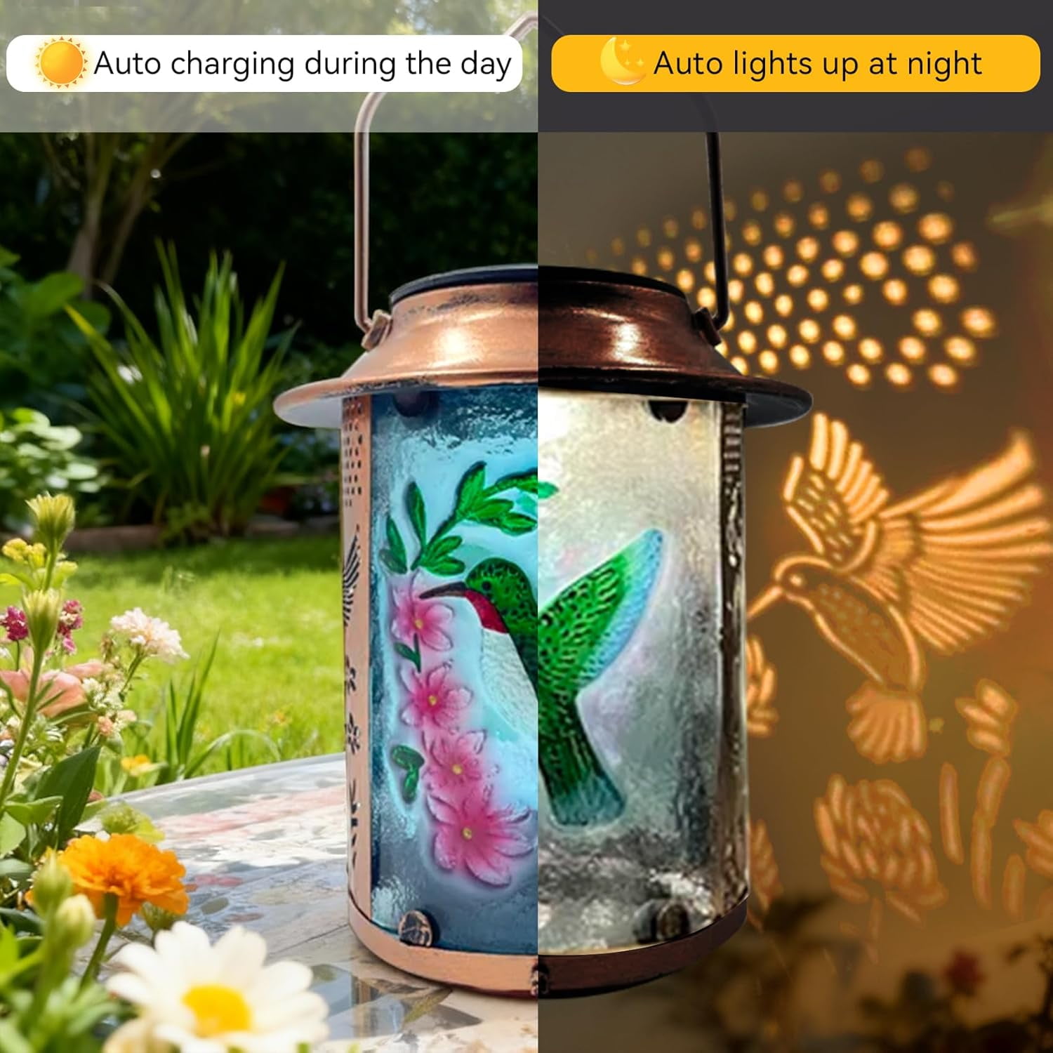 OPVM-10" H Hummingbird Solar Lanterns Outdoor, Metal Glass Hanging ...