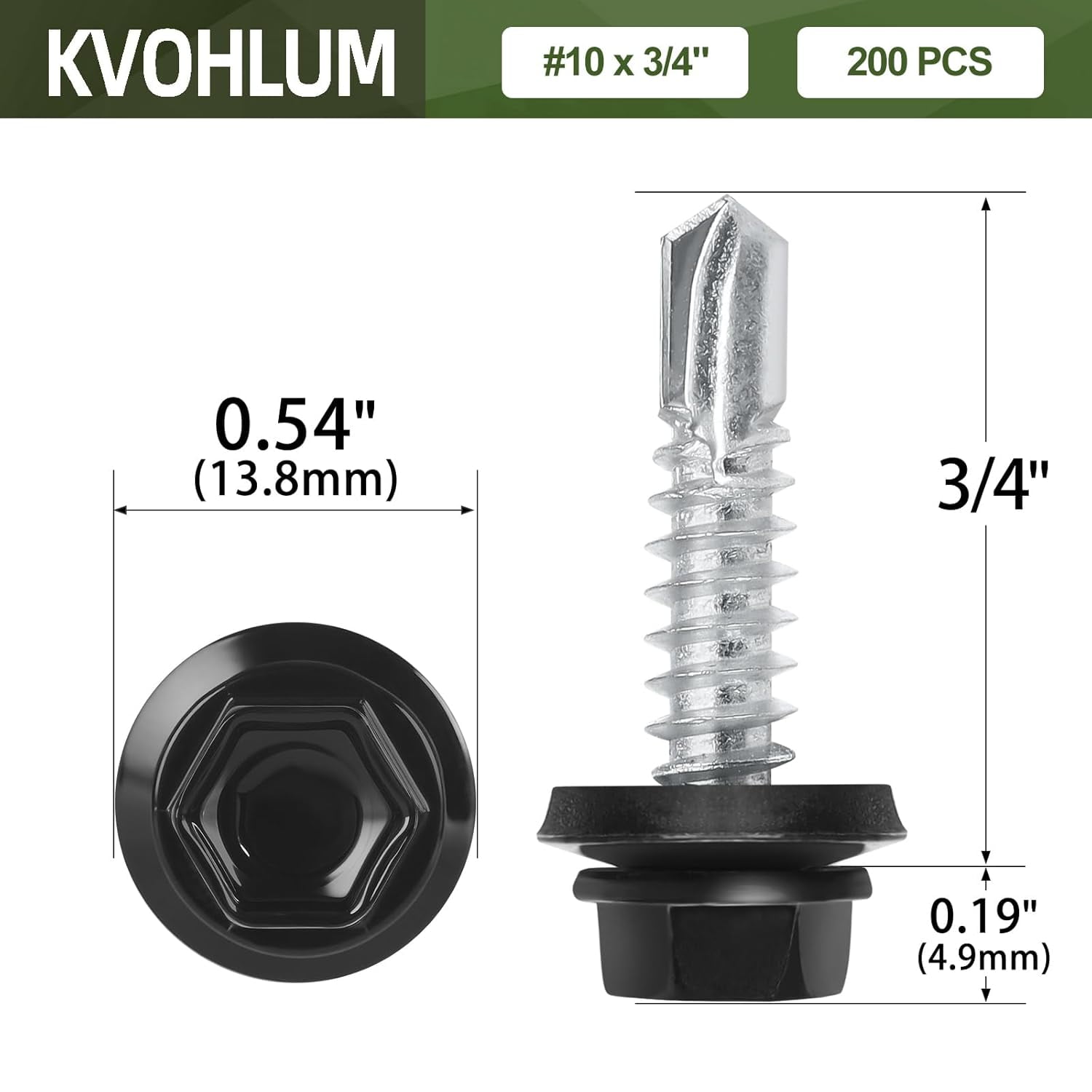 OPVM-#10 x 3/4" (200 PCS) Black Metal Roofing Screws with Rubber Washer ...