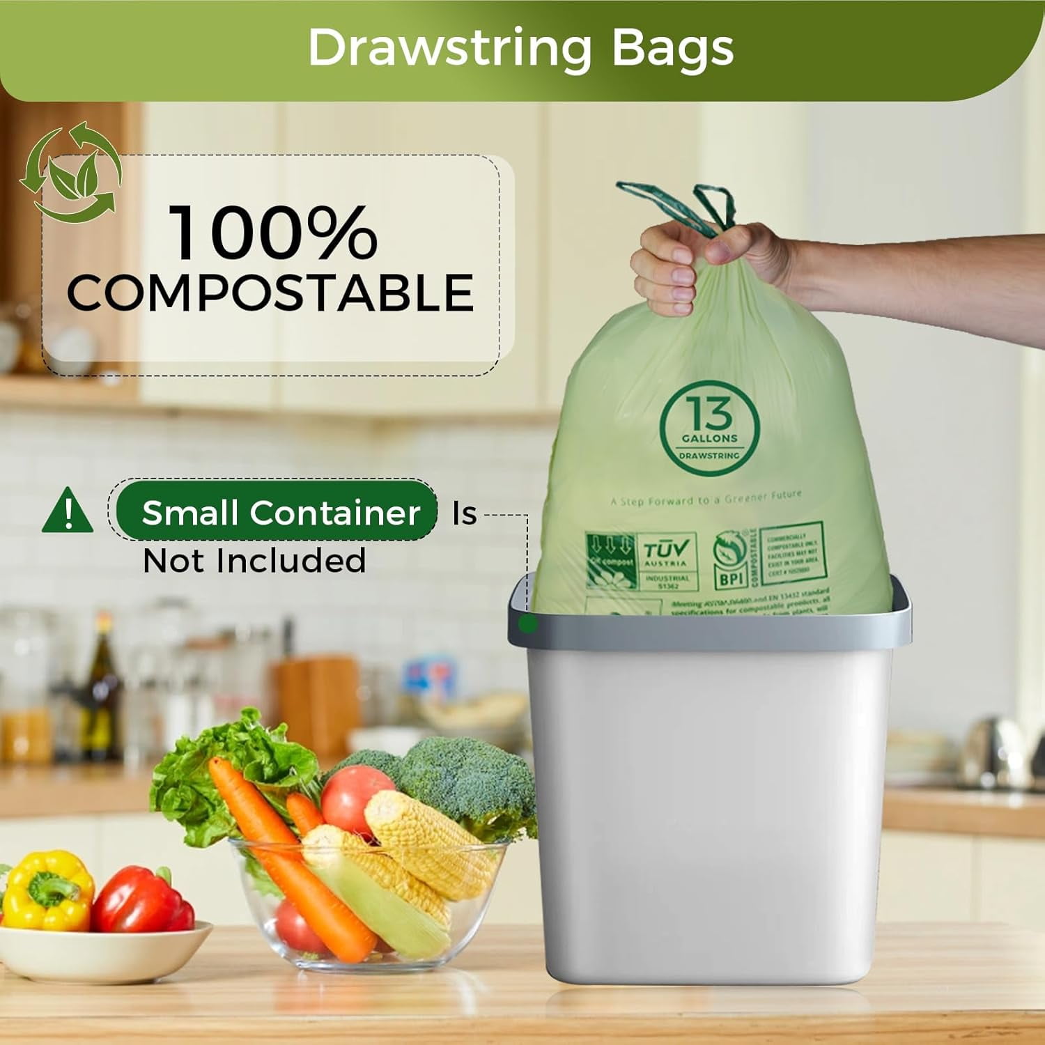 OPVM-13 Gallon Compostable Trash Bags with Drawstring, Heavy Duty Extra ...