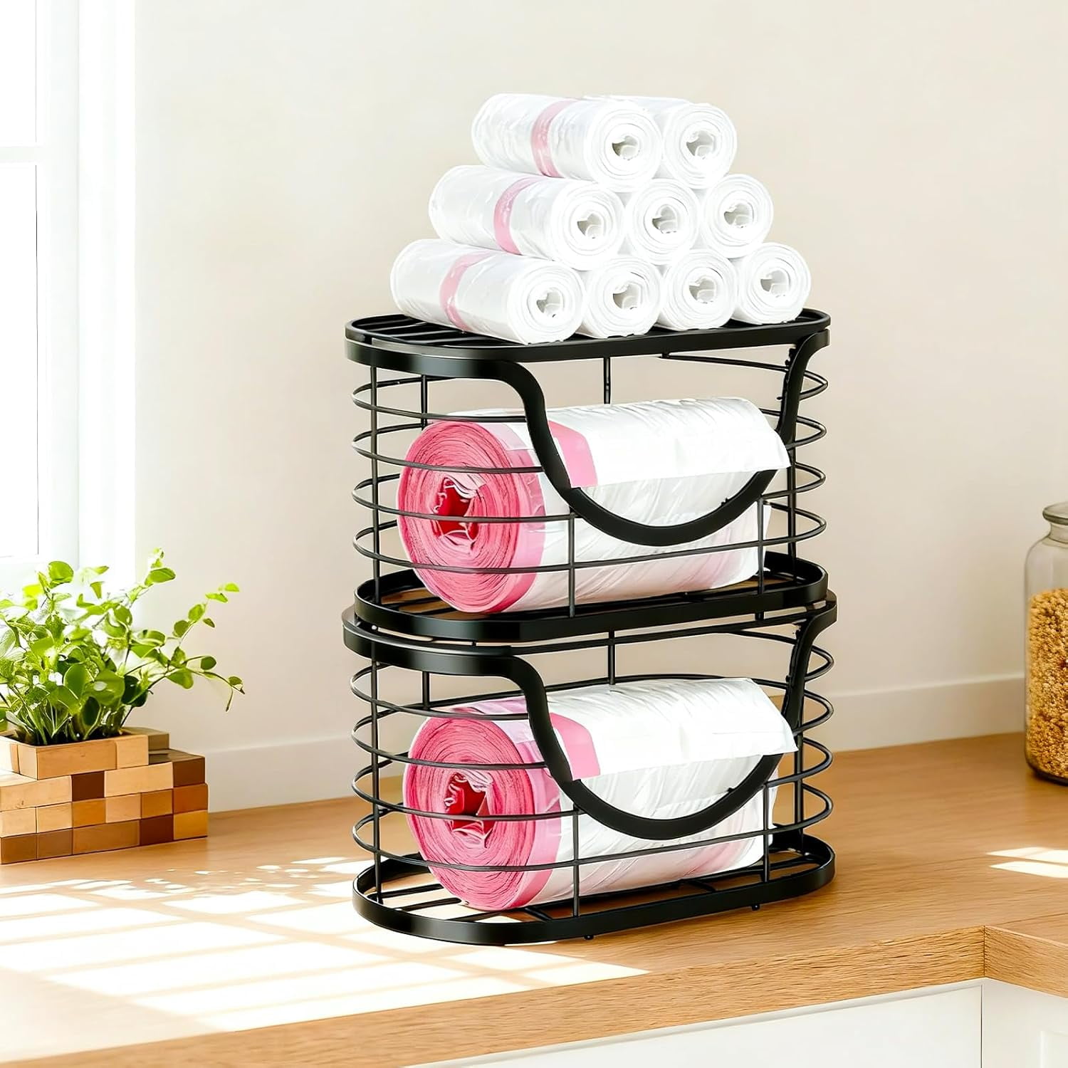 OPVM-2 Pack Trash Bag HolderStackable Trashbag Dispenser With Bamboo ...