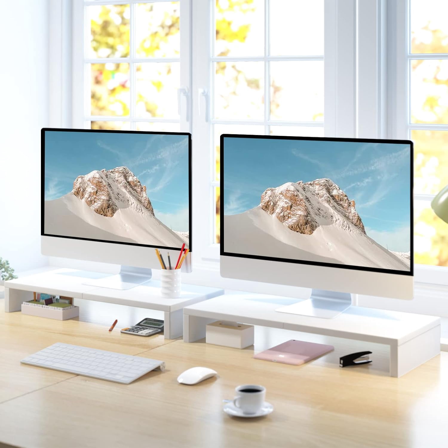 OPVM-2 Pack White Monitor Stand Riser - 20 inch, Wooden Desktop Stand ...