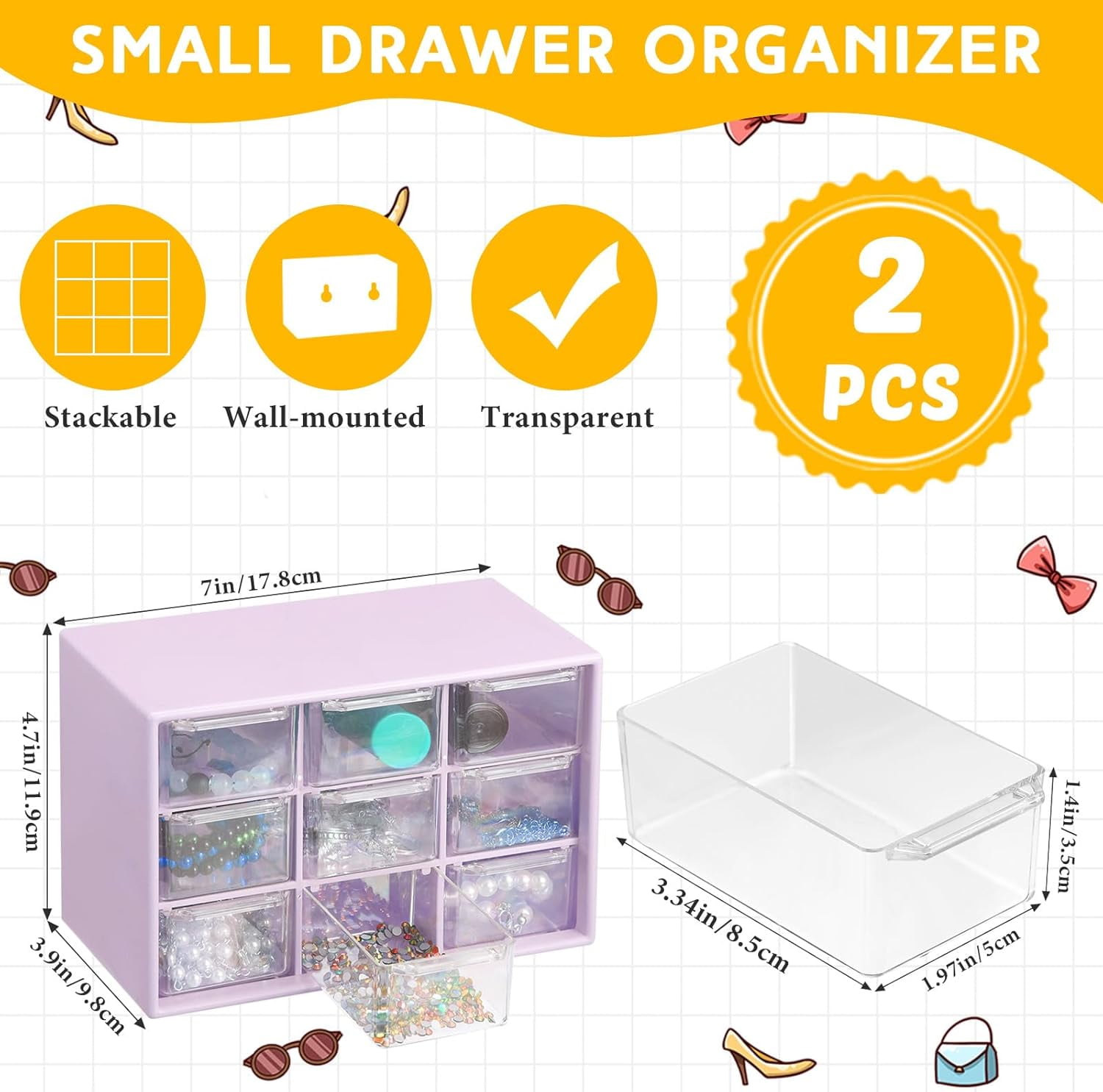 OPVM-2 Pcs Mini Storage Drawers Teacher Toolbox Organizer with 9 Clear ...