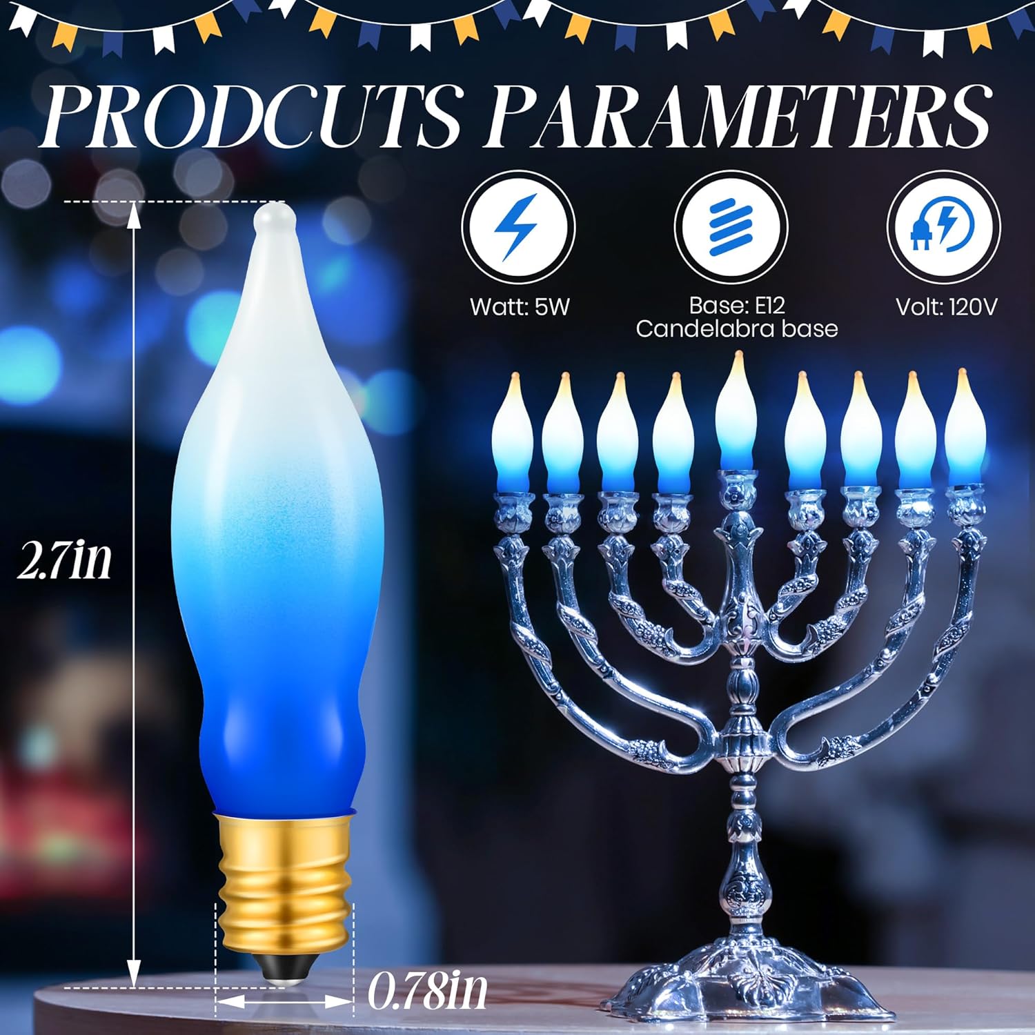 OPVM-22 Pack Hanukkah Menorah Flame Lights Bulb, Blue & White Electric ...