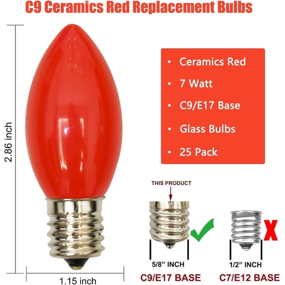OPVM-25 Pack C9 Red Christmas Light Bulbs, 7 Watt Red Incandescent ...