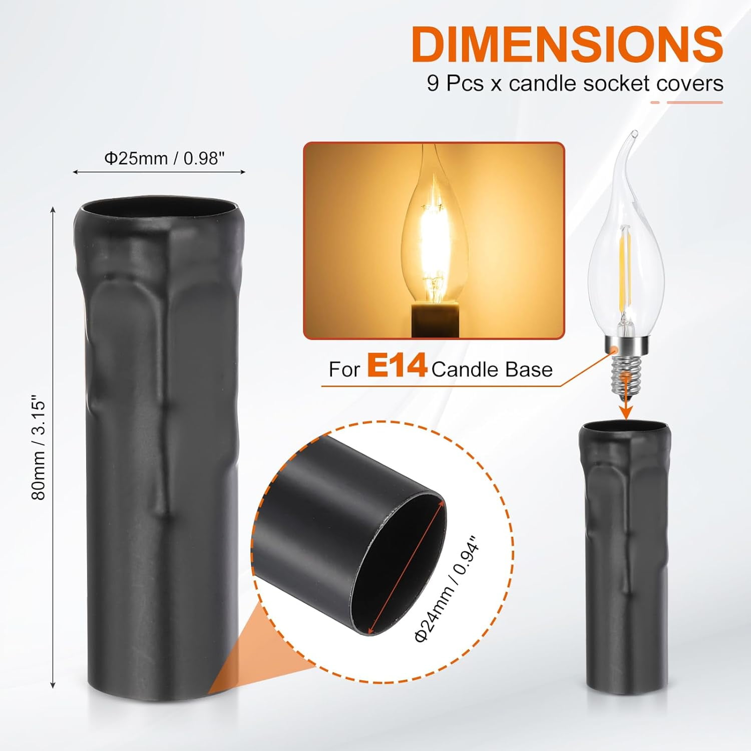 OPVM-3.15 Tall Candle Covers Sleeves, 9 Pcs Metal E14 Chandelier Socket ...